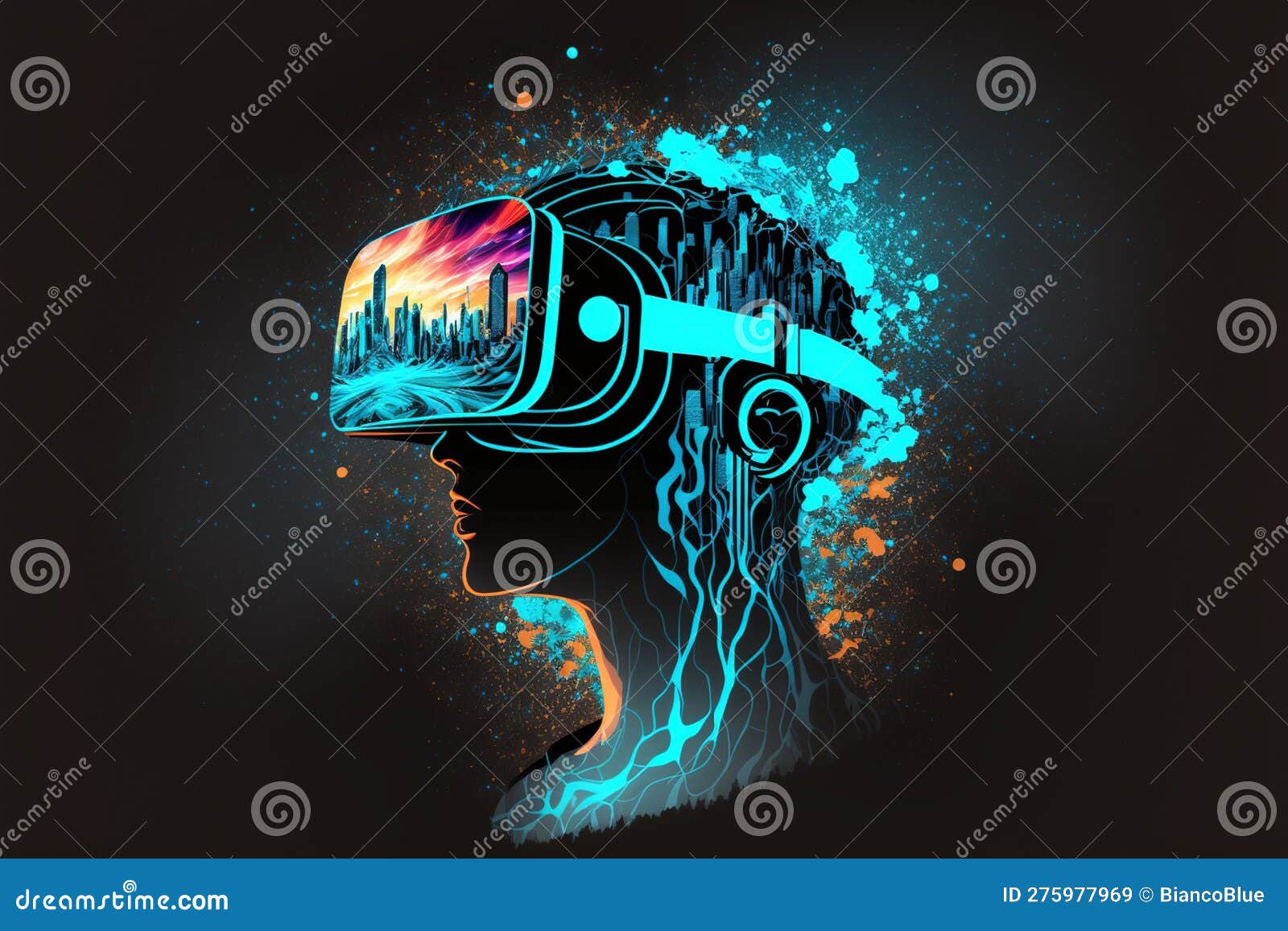 VR Goggle Headset Double Exposure Head Metaverse with Neon Light ...