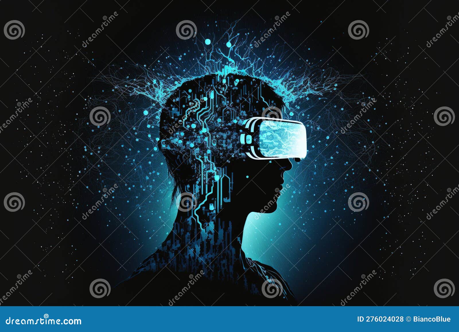 VR Goggle Headset Double Exposure Head Metaverse with Neon Light ...