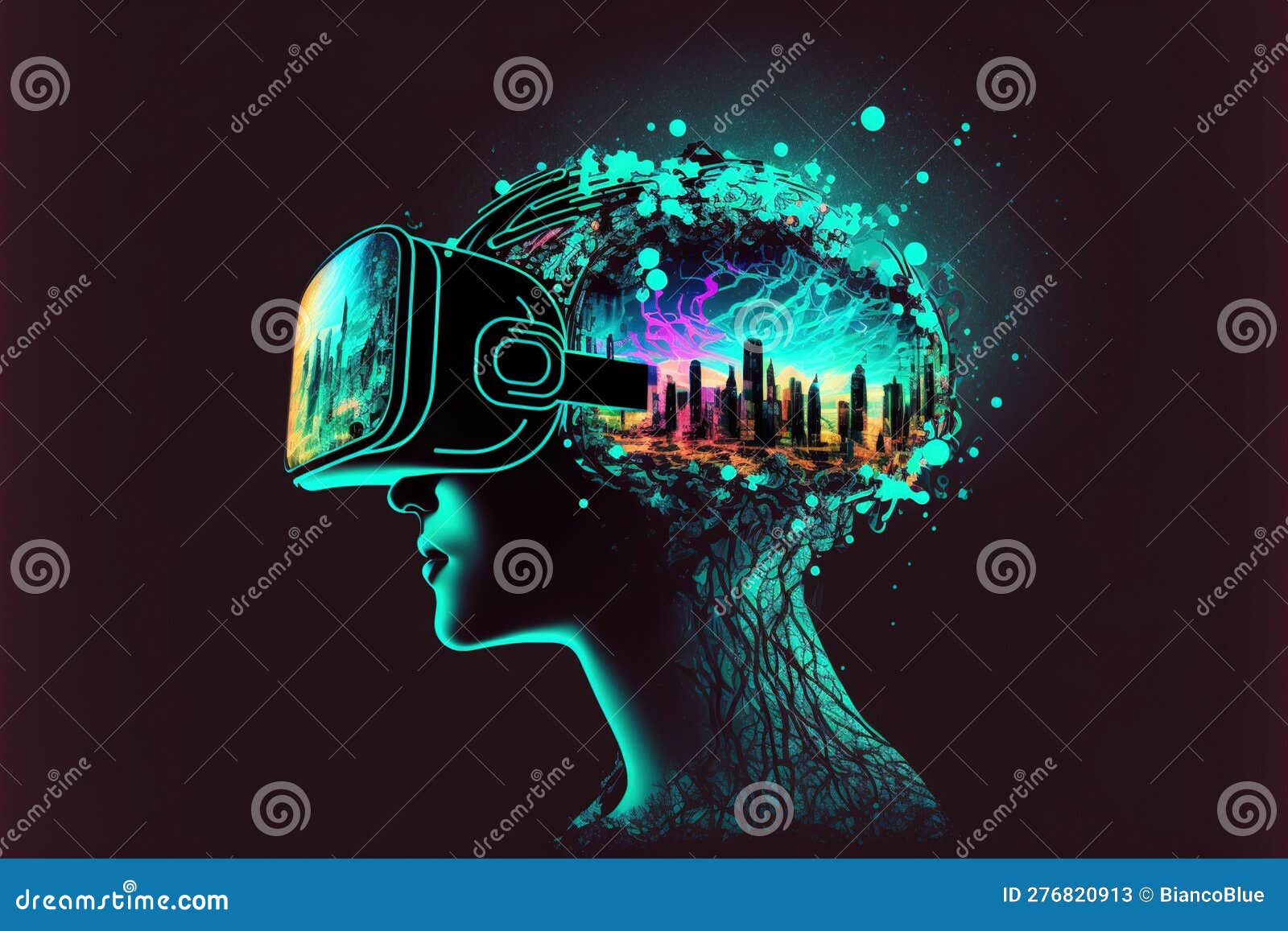 VR Goggle Headset Double Exposure Head Metaverse with Neon Light ...