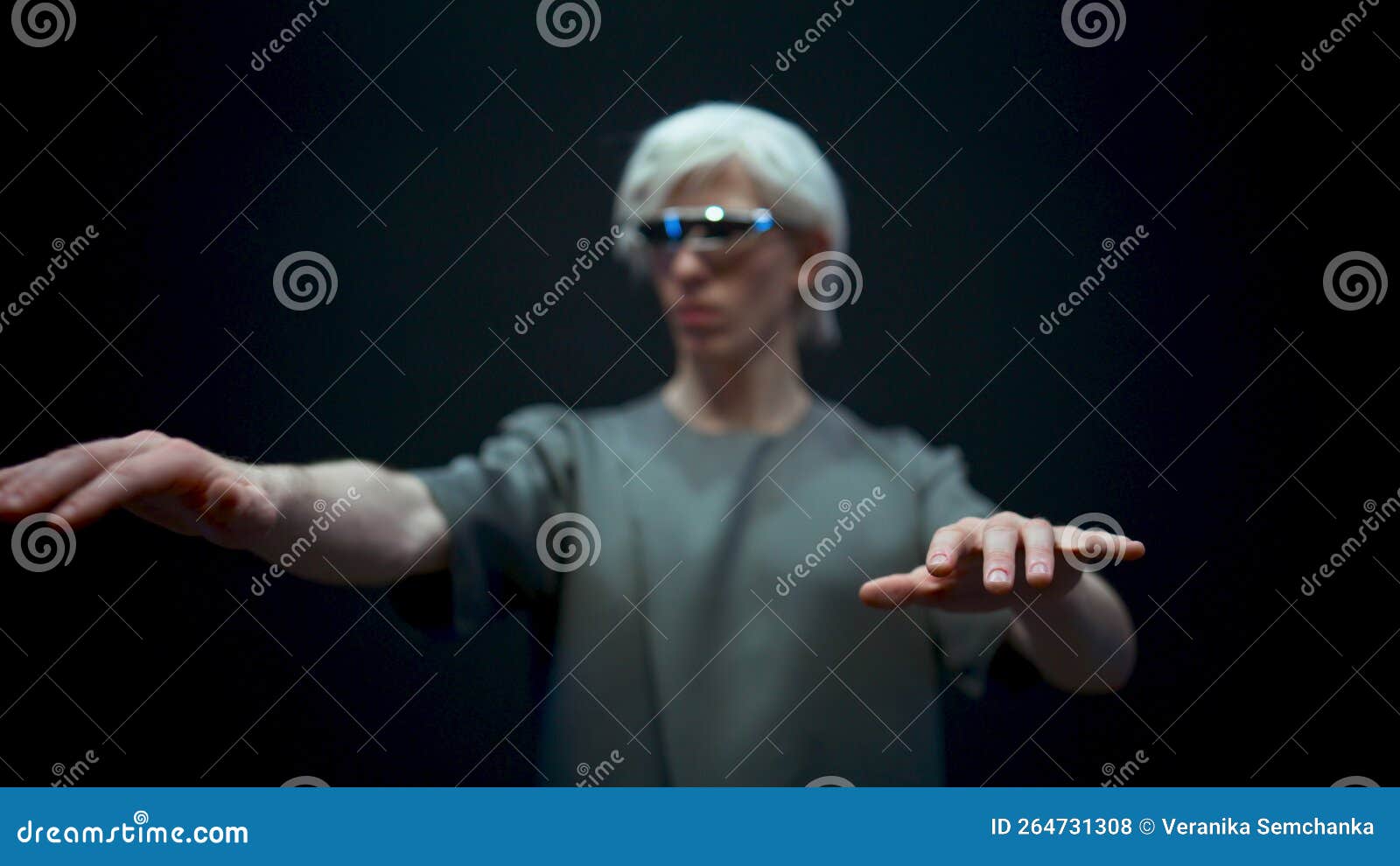 VR Goggles Man Moving Invisible Object. Male Involved in Interactive ...