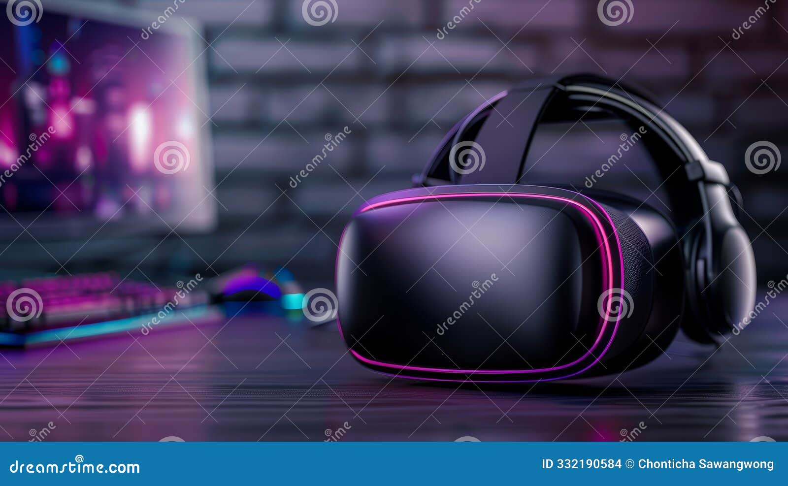 VR Headset and Headphones on a Desk with a Computer in the Background ...