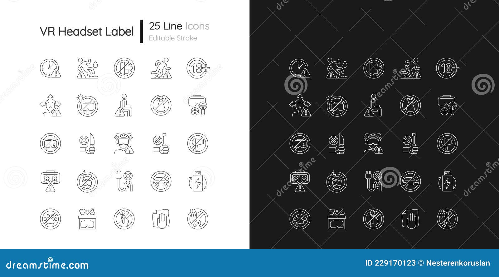 VR Headset Linear Manual Label Icons Set for Dark and Light Mode Stock ...
