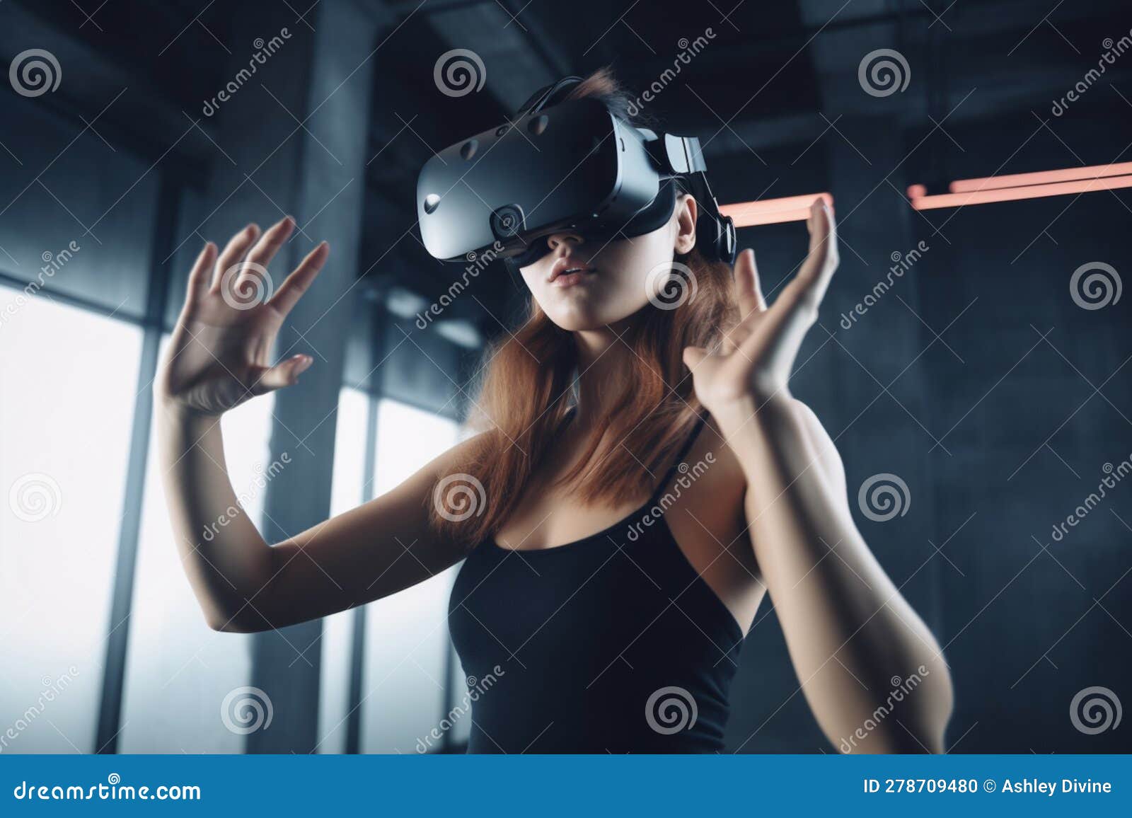 VR Headset on Model Interacting with Digital World. Ai Generated ...