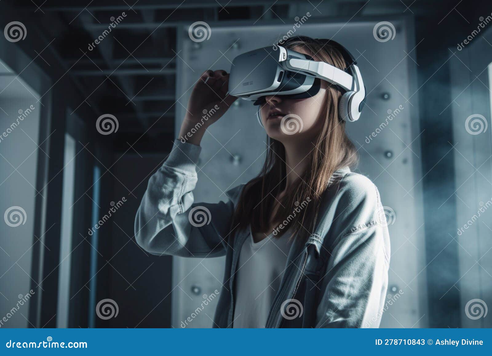 VR Headset on Model Interacting with Digital World. Ai Generated ...