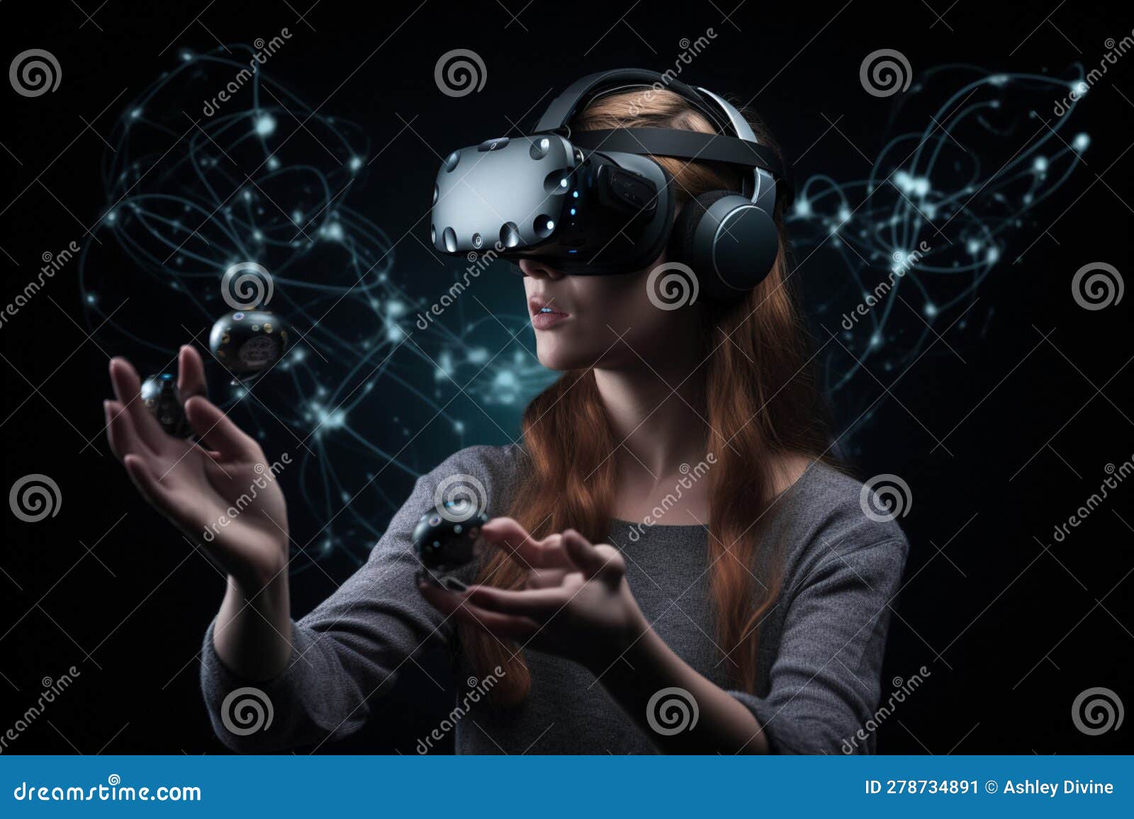 VR Headset on Model Interacting with Digital World. Ai Generated ...