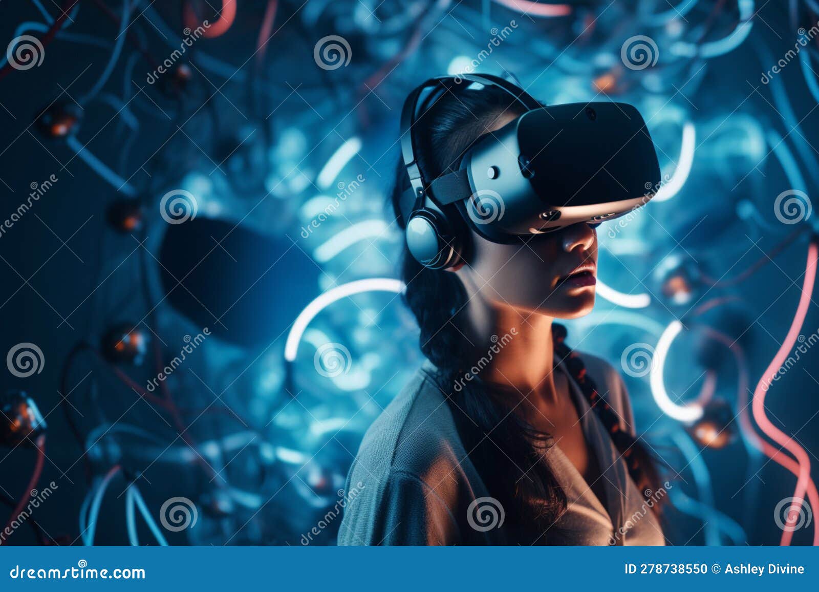 VR Headset on Model. Virtual Reality Interacting with Digital World. Ai ...