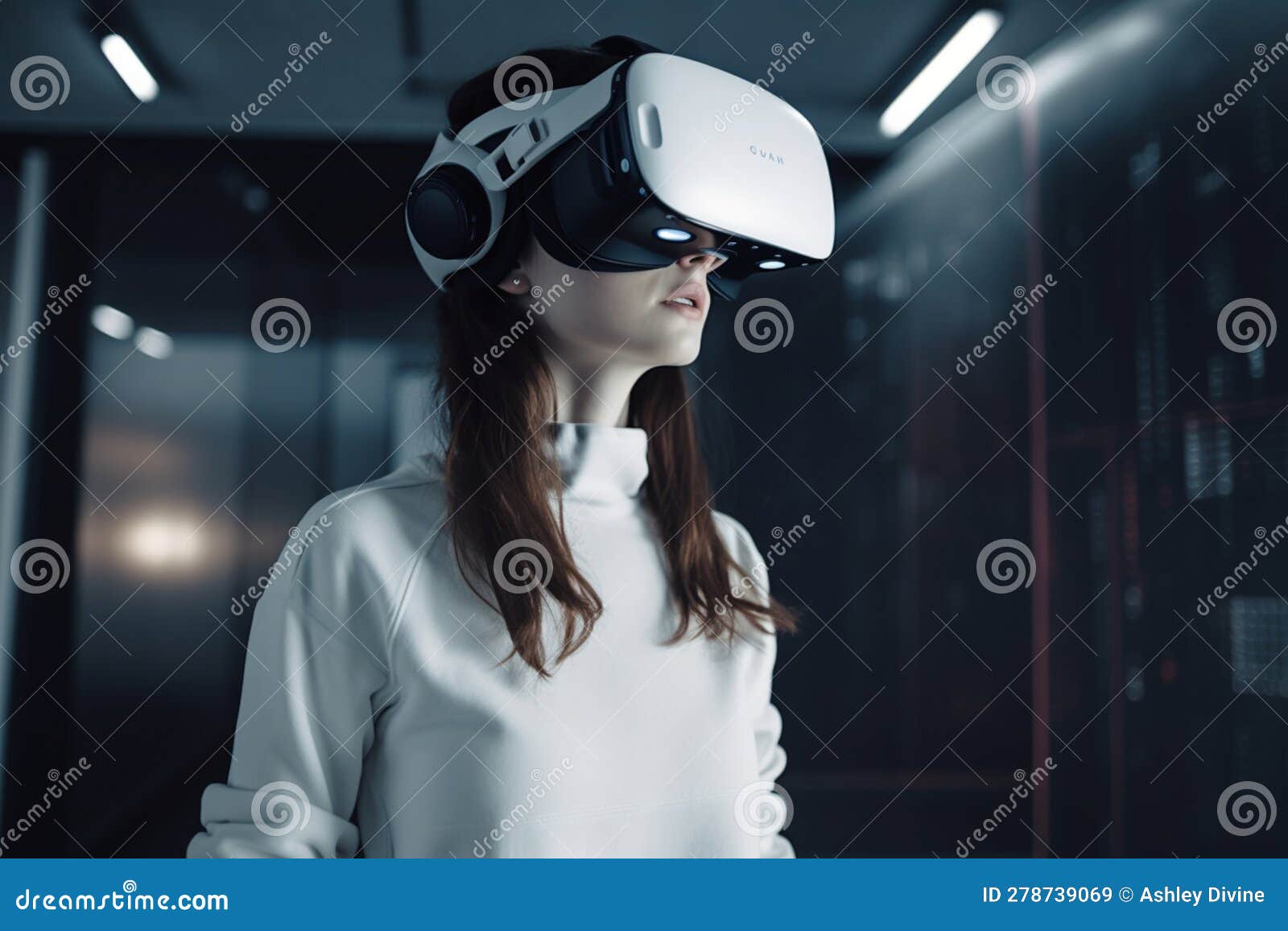 VR Headset on Model. Virtual Reality Interacting with Digital World. Ai ...