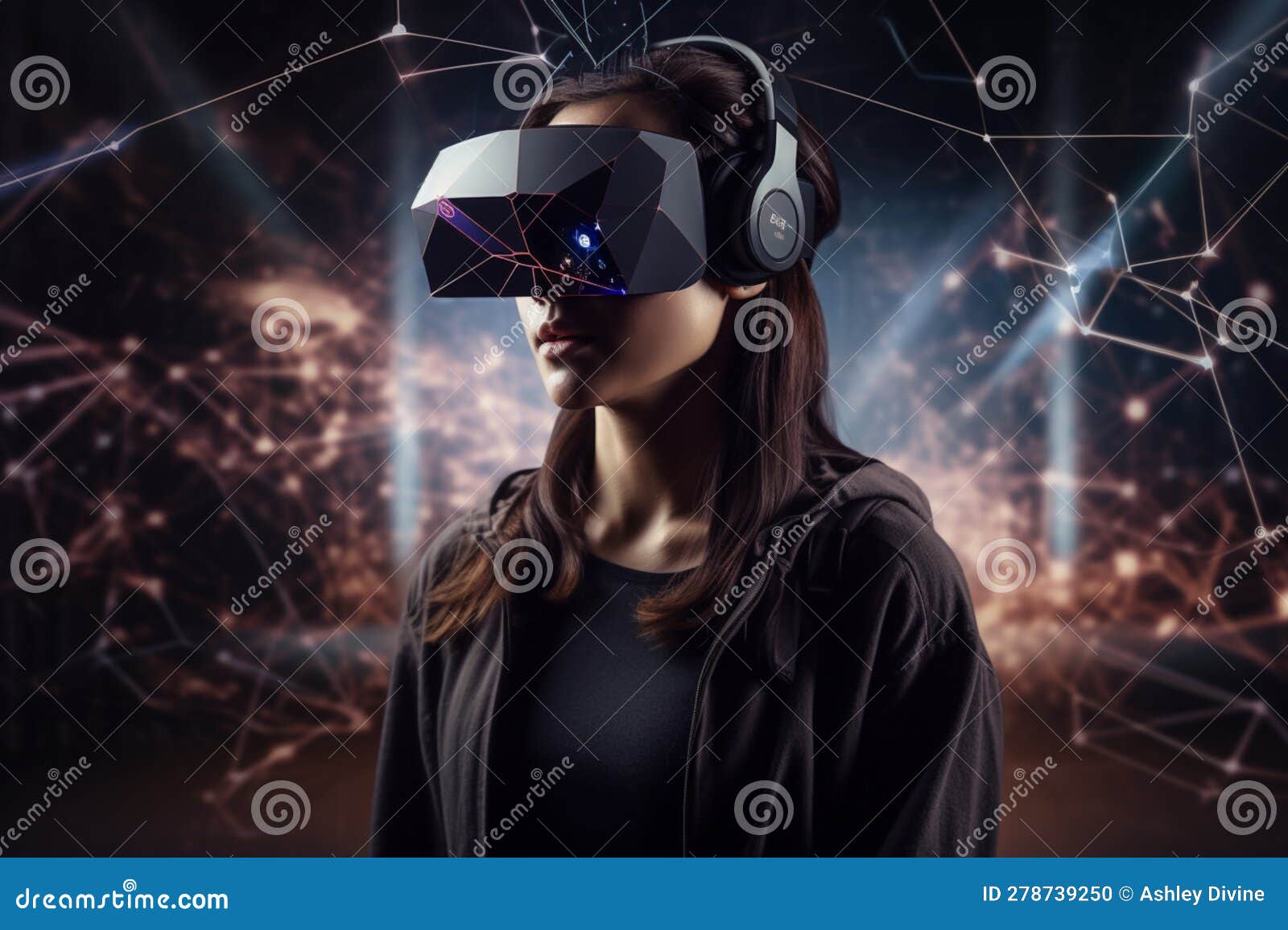 VR Headset on Model. Virtual Reality Interacting with Digital World. Ai ...