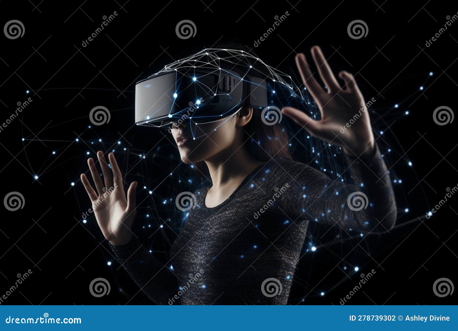 VR Headset on Model. Virtual Reality Interacting with Digital World. Ai ...