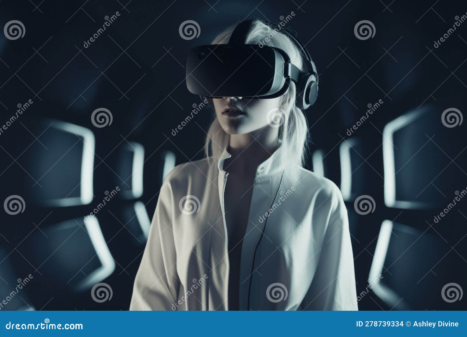 VR Headset on Model. Virtual Reality Interacting with Digital World. Ai ...