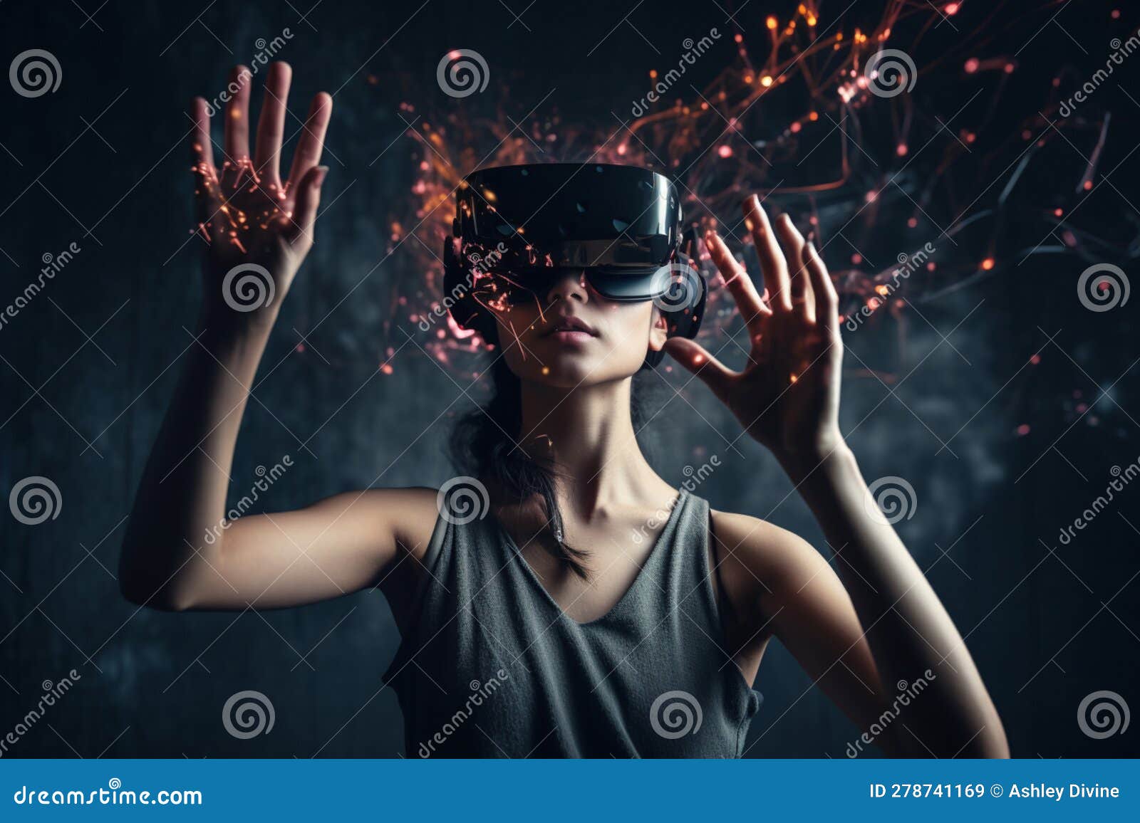 VR Headset on Model. Virtual Reality Interacting with Digital World. Ai ...