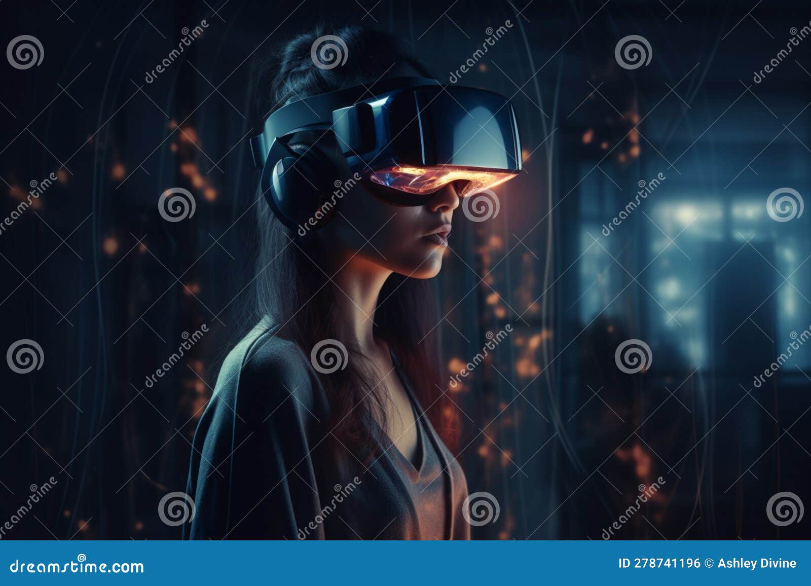 VR Headset on Model. Virtual Reality Interacting with Digital World. Ai ...