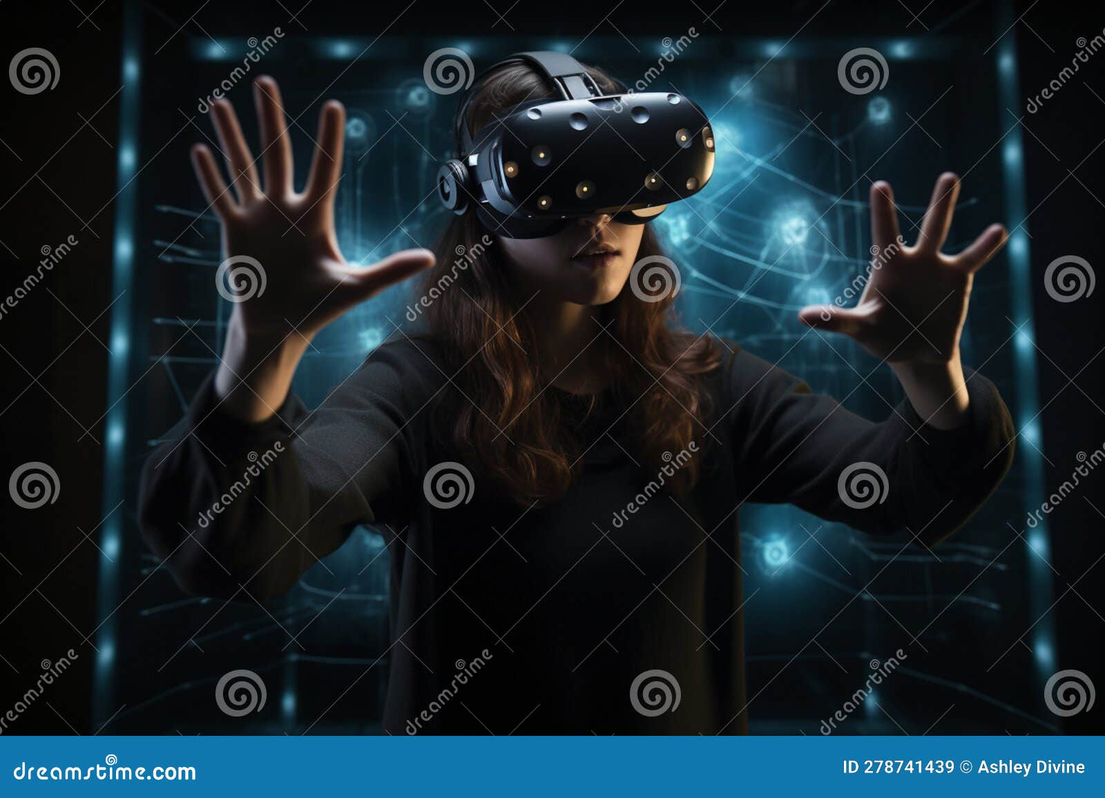 VR Headset on Model. Virtual Reality Interacting with Digital World. Ai ...