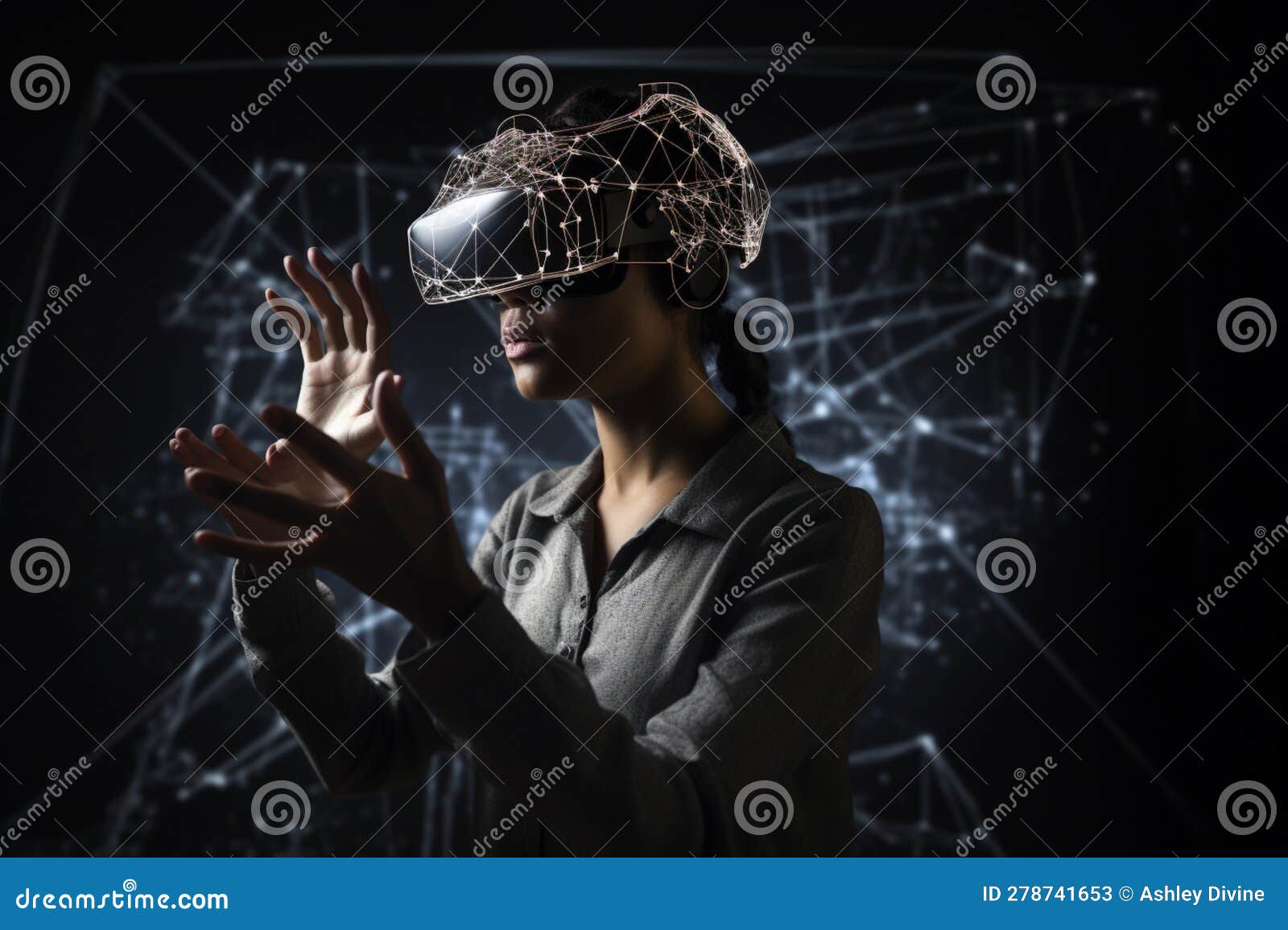 VR Headset on Model. Virtual Reality Interacting with Digital World. Ai ...