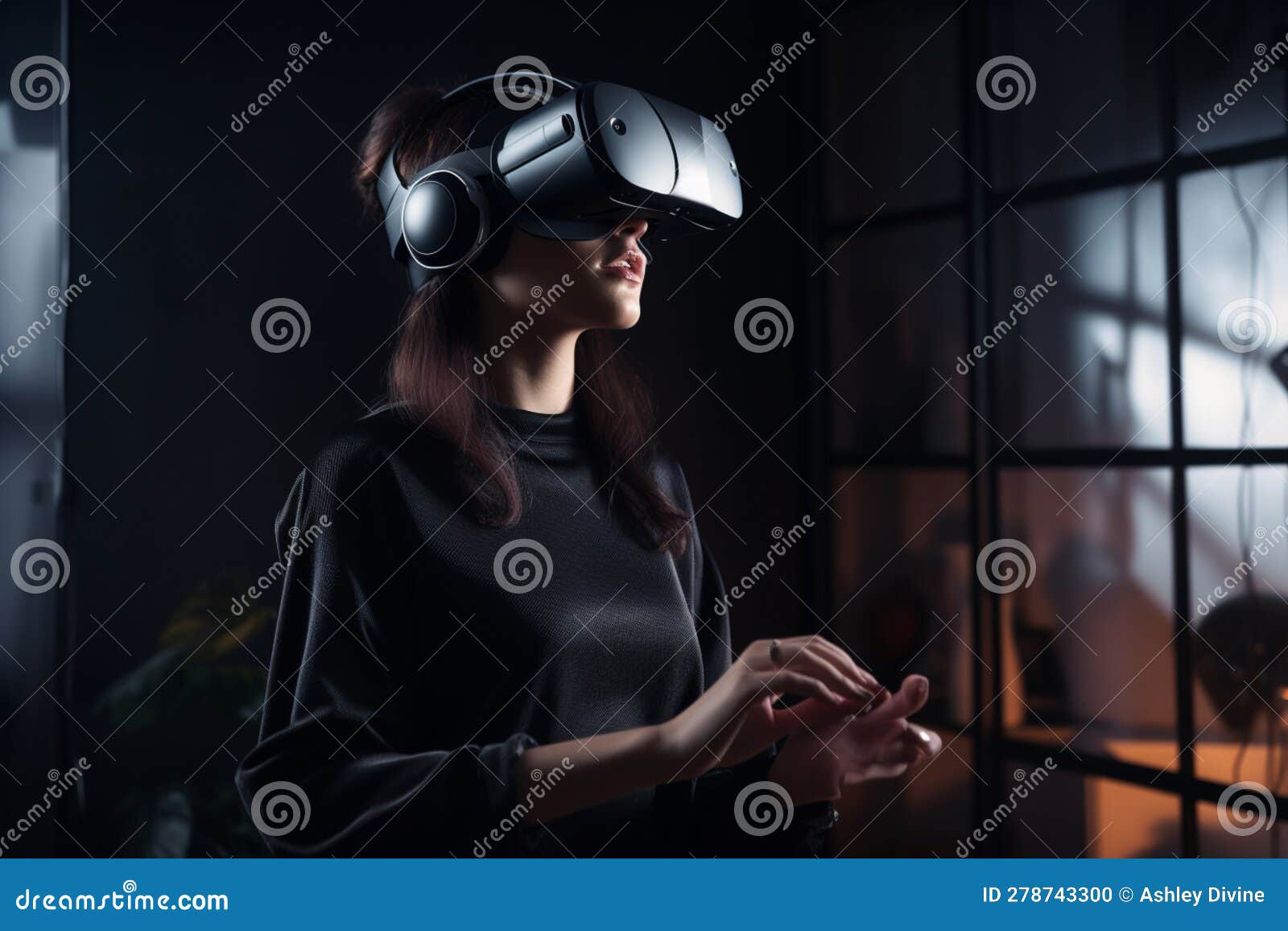 VR Headset on Model. Virtual Reality Interacting with Digital World. Ai ...