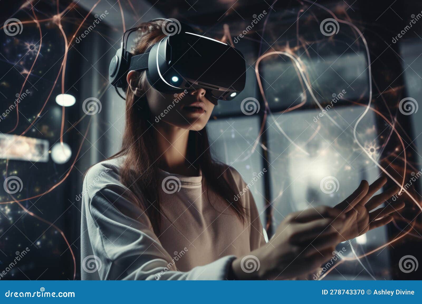 VR Headset on Model. Virtual Reality Interacting with Digital World. Ai ...