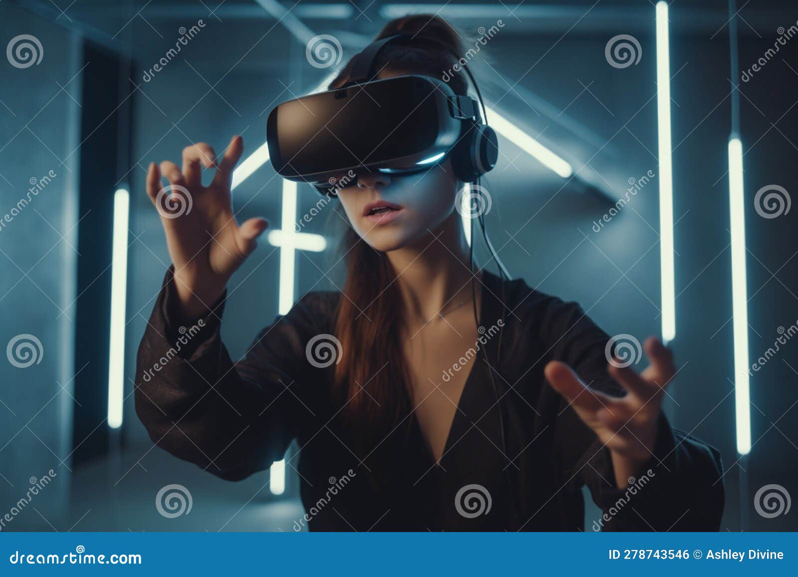 VR Headset on Model. Virtual Reality Interacting with Digital World. Ai ...