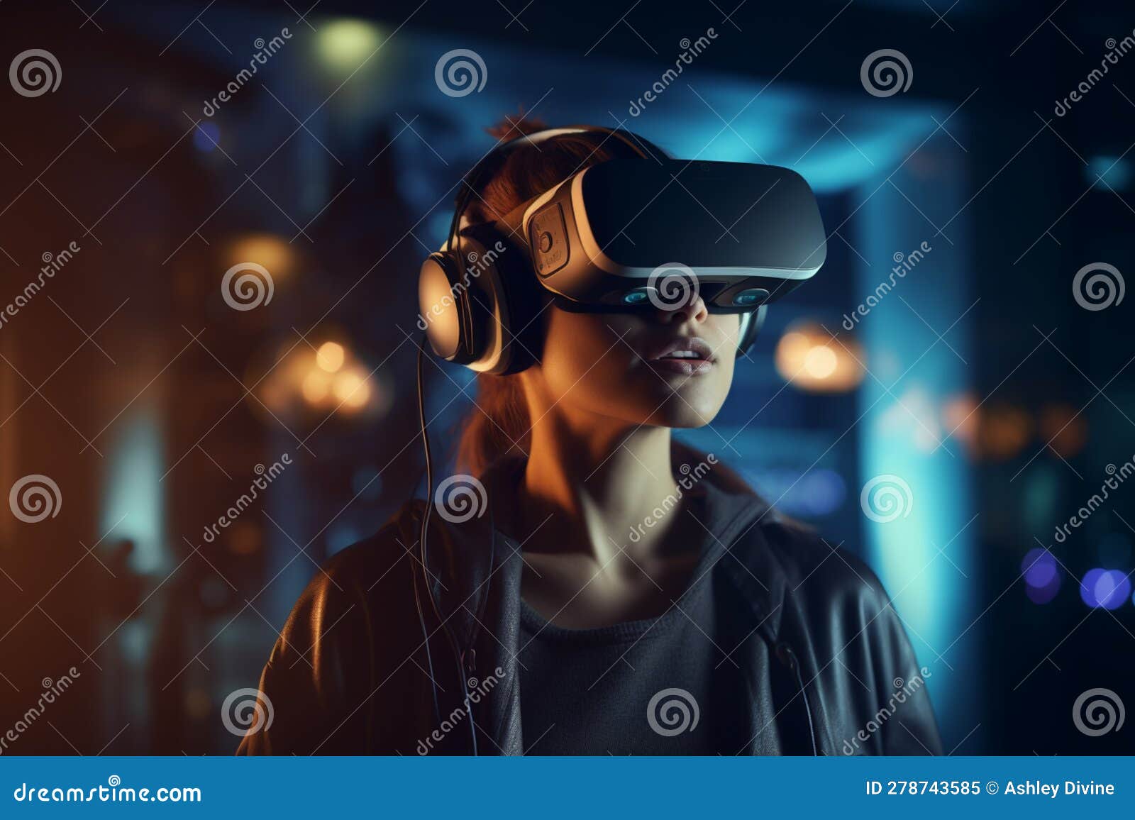 VR Headset on Model. Virtual Reality Interacting with Digital World. Ai ...
