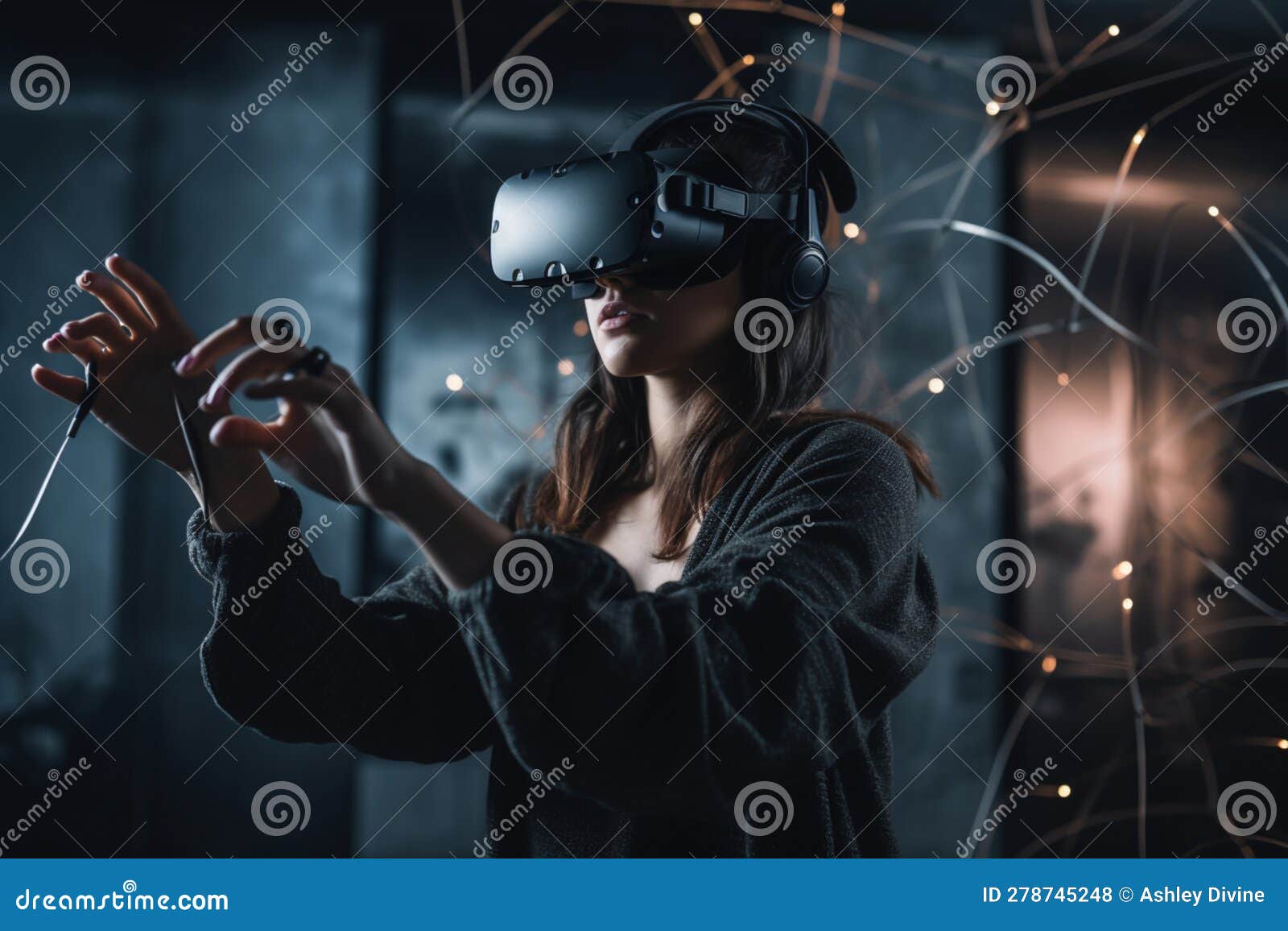 VR Headset on Model. Virtual Reality Interacting with Digital World. Ai ...