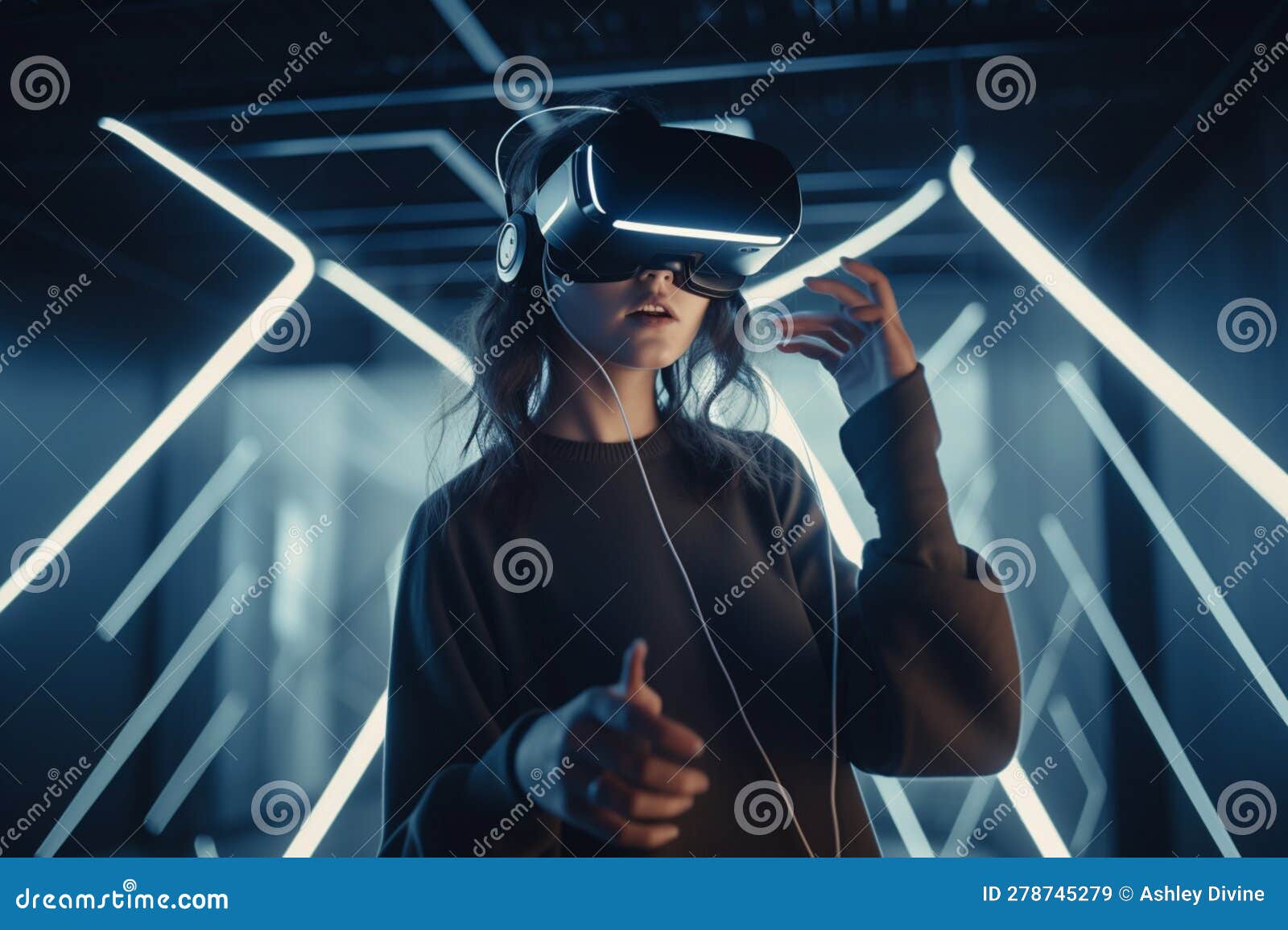 VR Headset on Model. Virtual Reality Interacting with Digital World. Ai ...