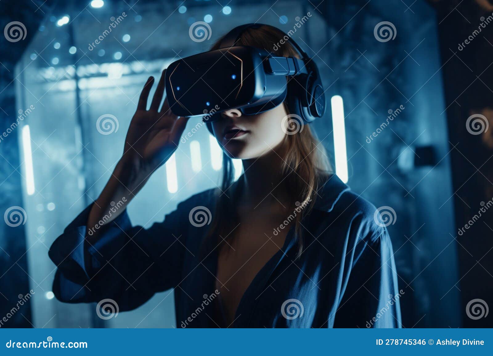 VR Headset on Model. Virtual Reality Interacting with Digital World. Ai ...
