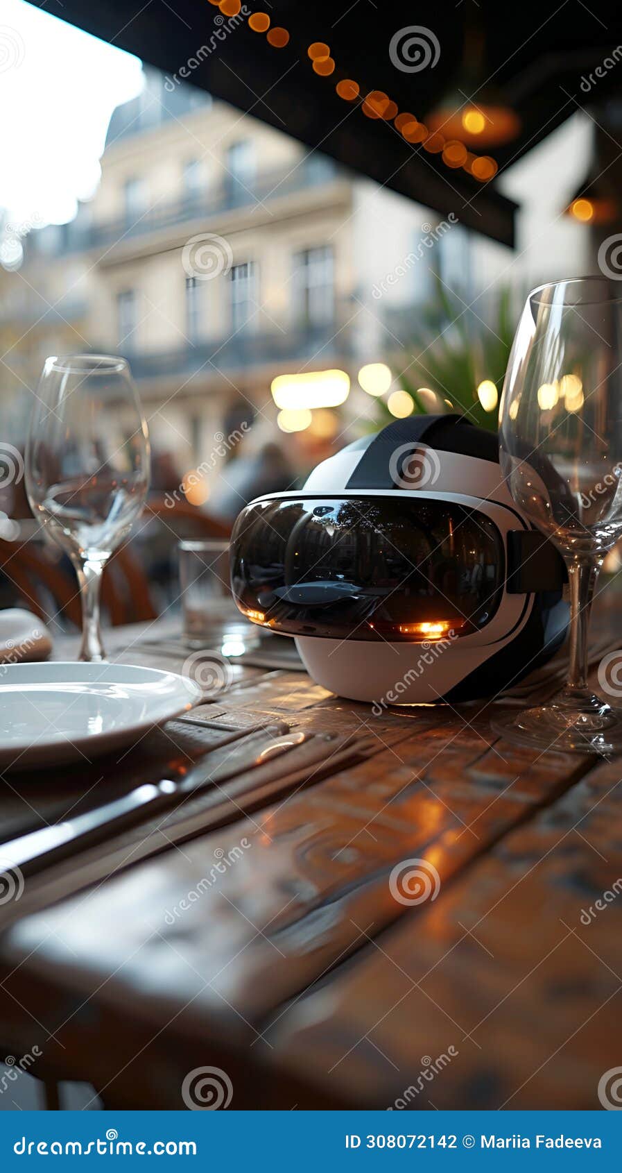 A VR Headset is Placed Against the Backdrop of a Restaurant with Space ...