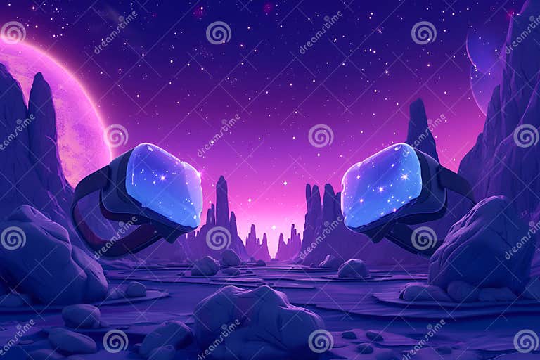 VR Headset is Placed on a Neon Blue Background with Empty Space for ...