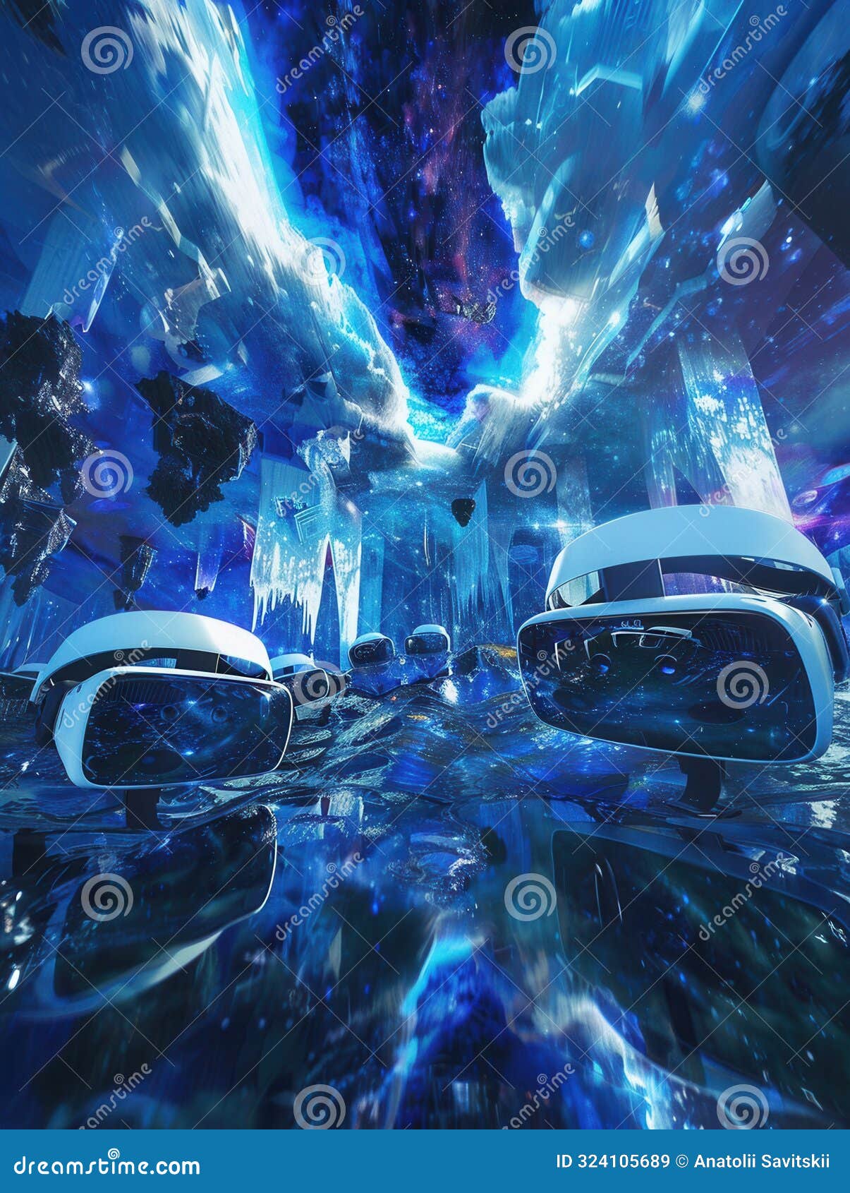 VR Headsets Float in a Surreal Digital Environment, Showcasing the ...