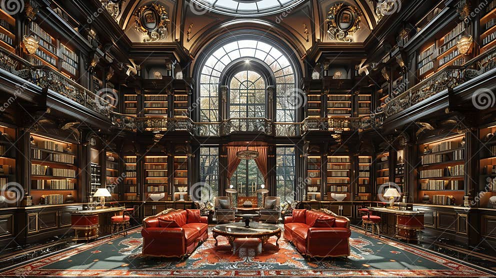 A VR Interior of a High-end Home Library. Stock Image - Image of revere ...