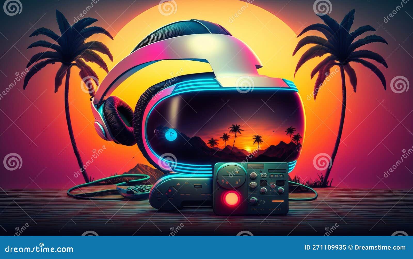 VR with Palm 90s. Modern Collage in Retro Colors for Party Design ...
