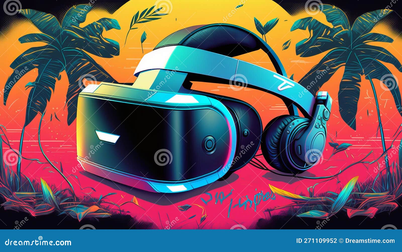 VR with Palm 90s. Modern Collage in Retro Colors for Party Design ...