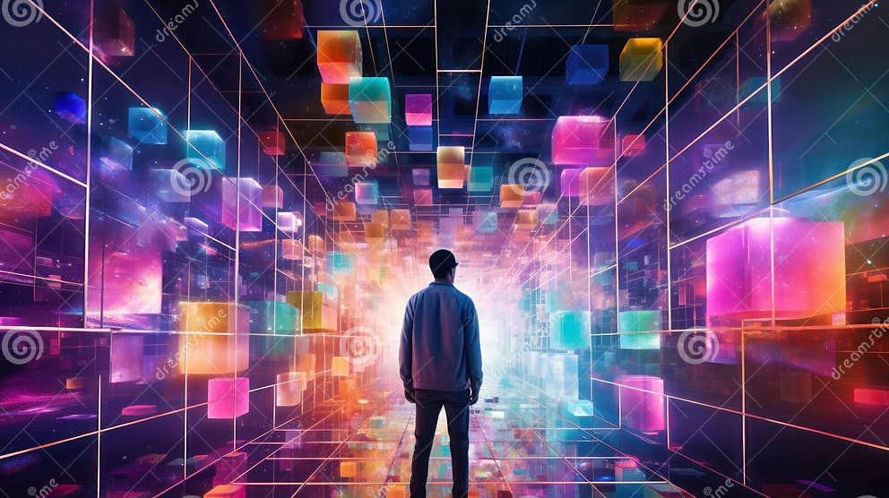 Vr Simulation Man in the Colorful Artificial C, the Time of Technology ...