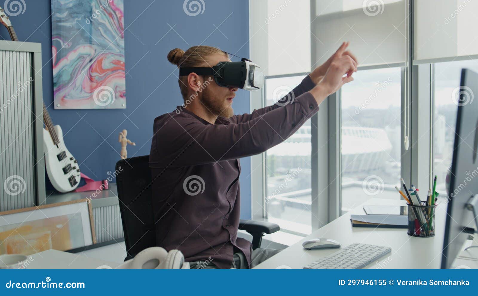 Vr Streamer Playing Metaverse Simulation Home Closeup. Guy Scrolling ...