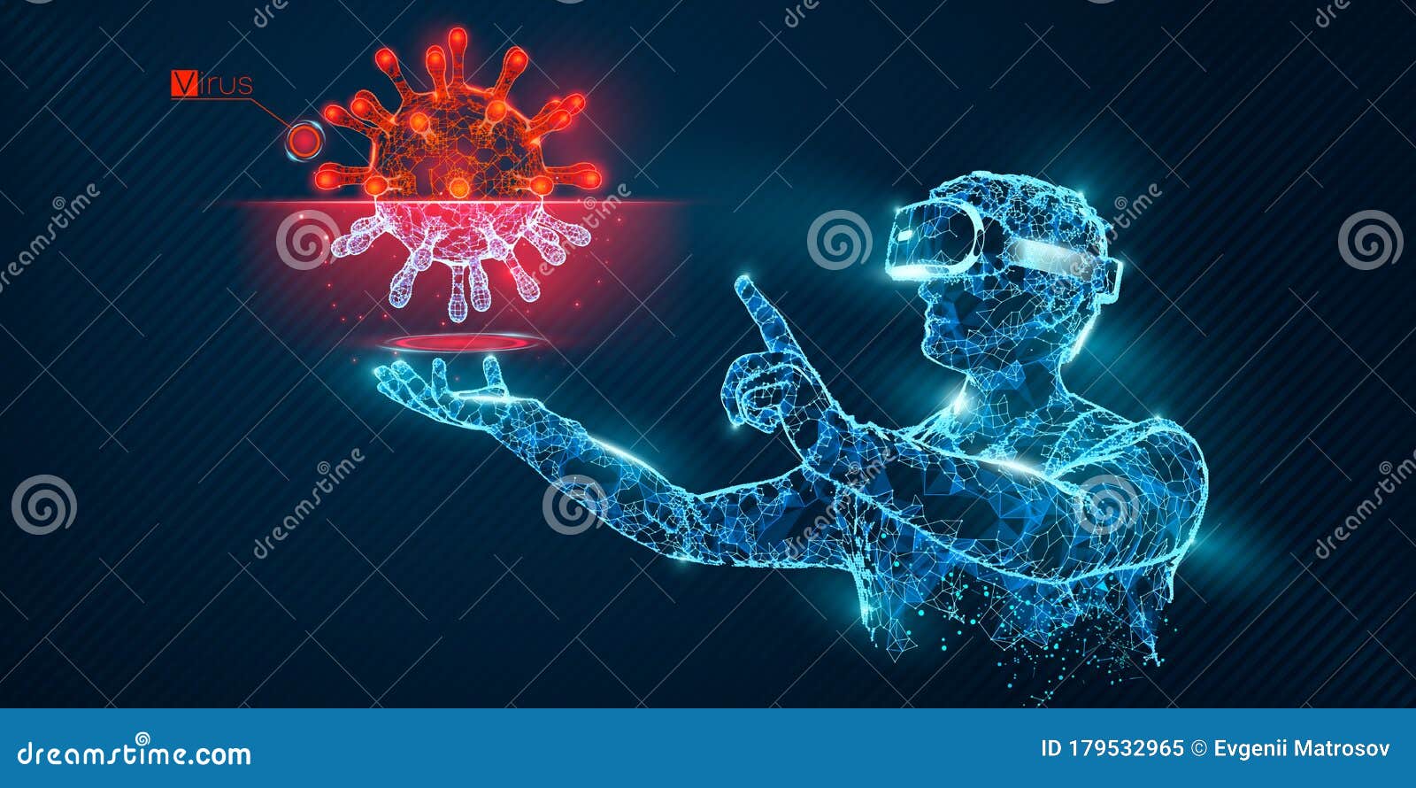 VR Wireframe Headset Vector Banner. Polygonal Man Wearing Virtual ...