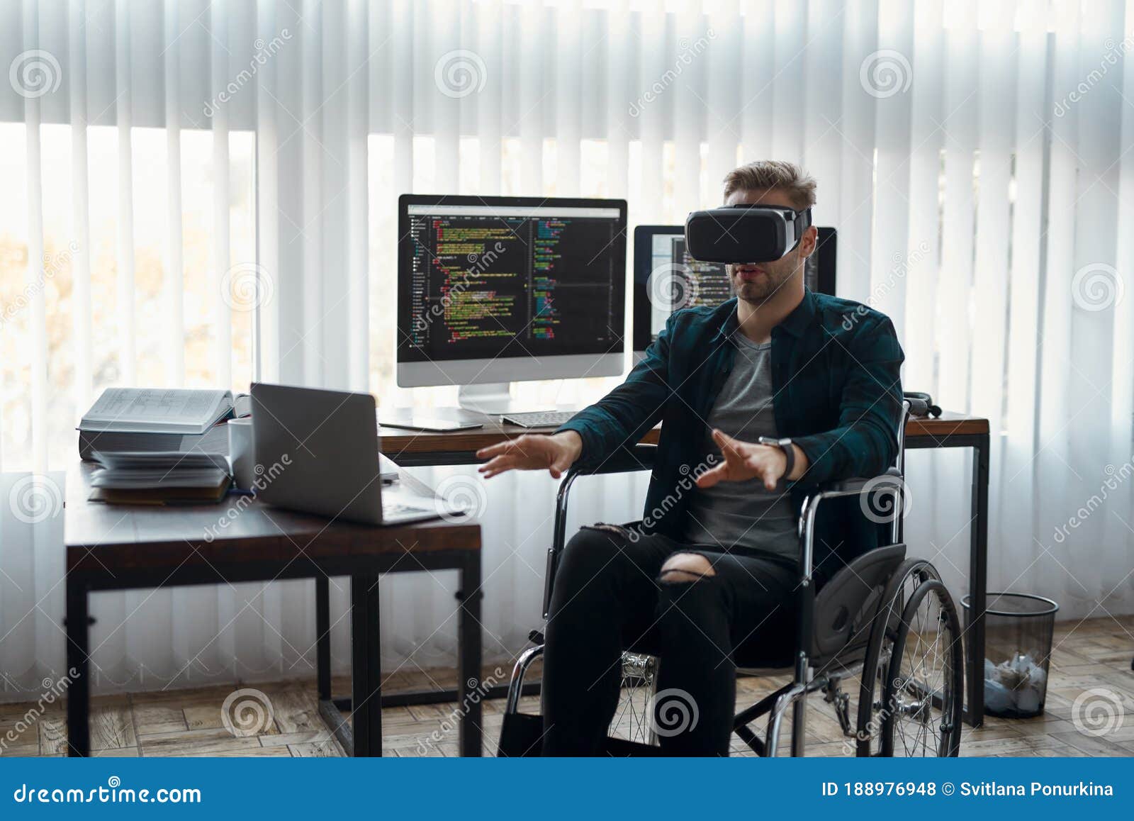 VR at Work. Young Male Web Developer in a Wheelchair Wearing Virtual ...