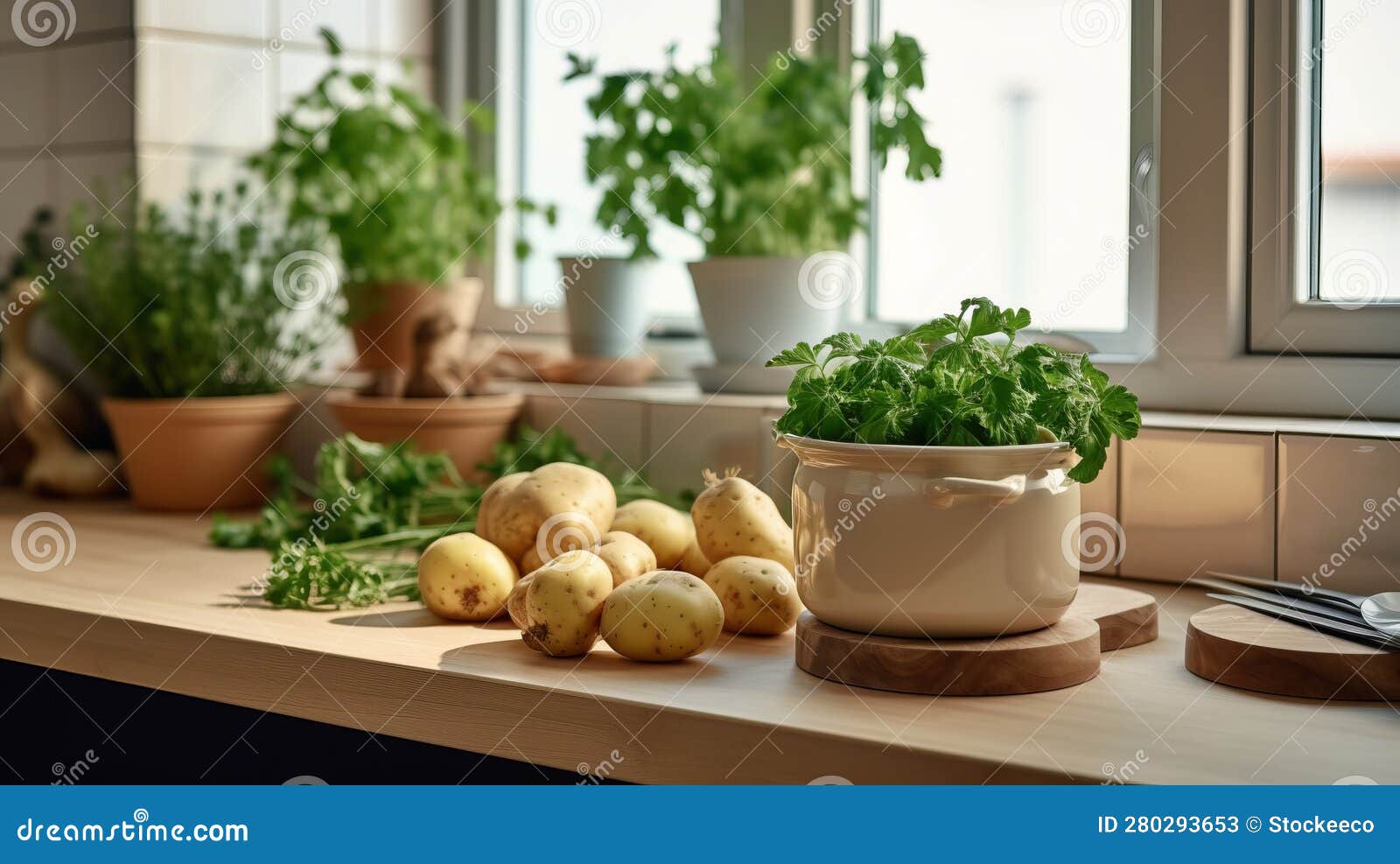 Vray Tracing of Herbs and Potatoes on Kitchen Window Stock Illustration ...