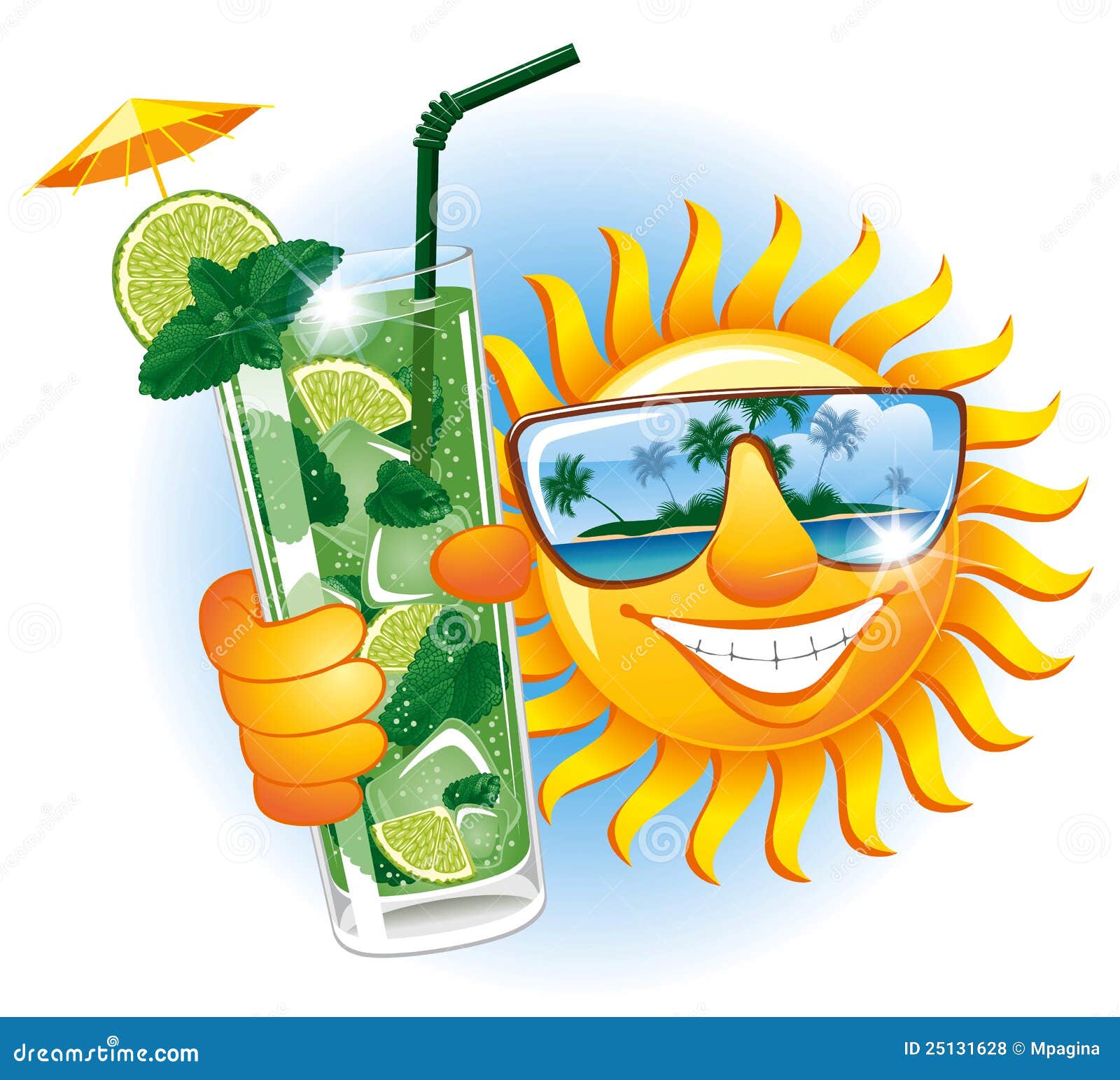 Vrolijke zon met cocktail vector illustratie. Illustration of leuk ...