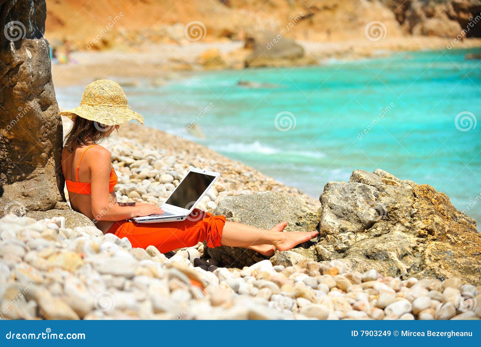 Vrouw Die Laptop Op Het Strand Met Behulp Van Stock Afbeelding - Image ...