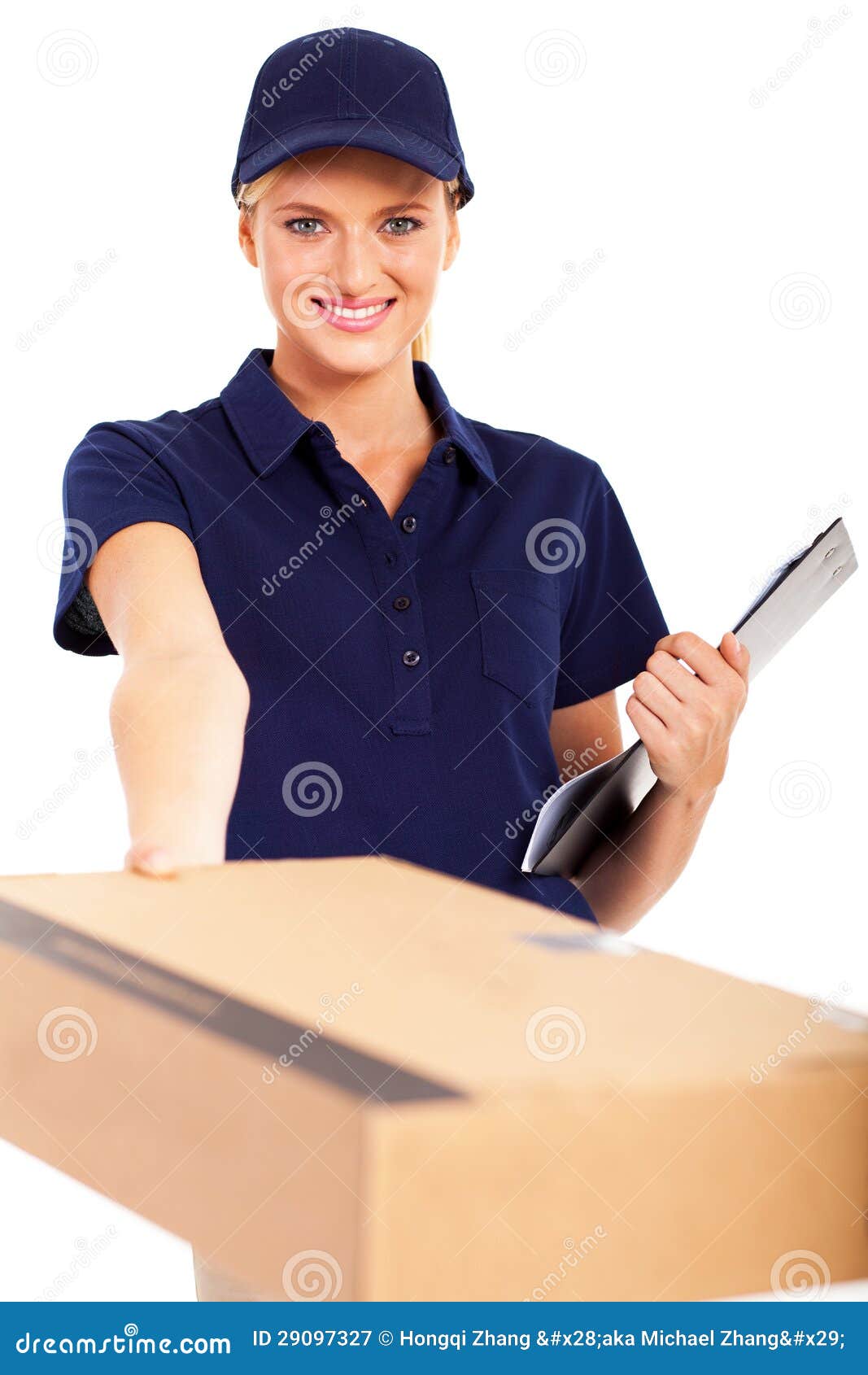 Vrouw die pakket leveren stock afbeelding. Image of geïsoleerd - 29097327