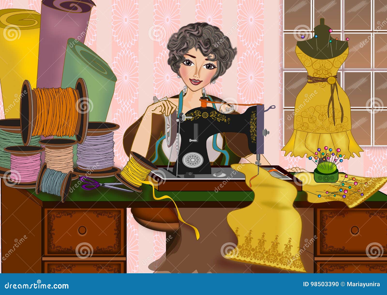 Vrouw en naaimachine stock illustratie. Illustration of ambacht - 98503390