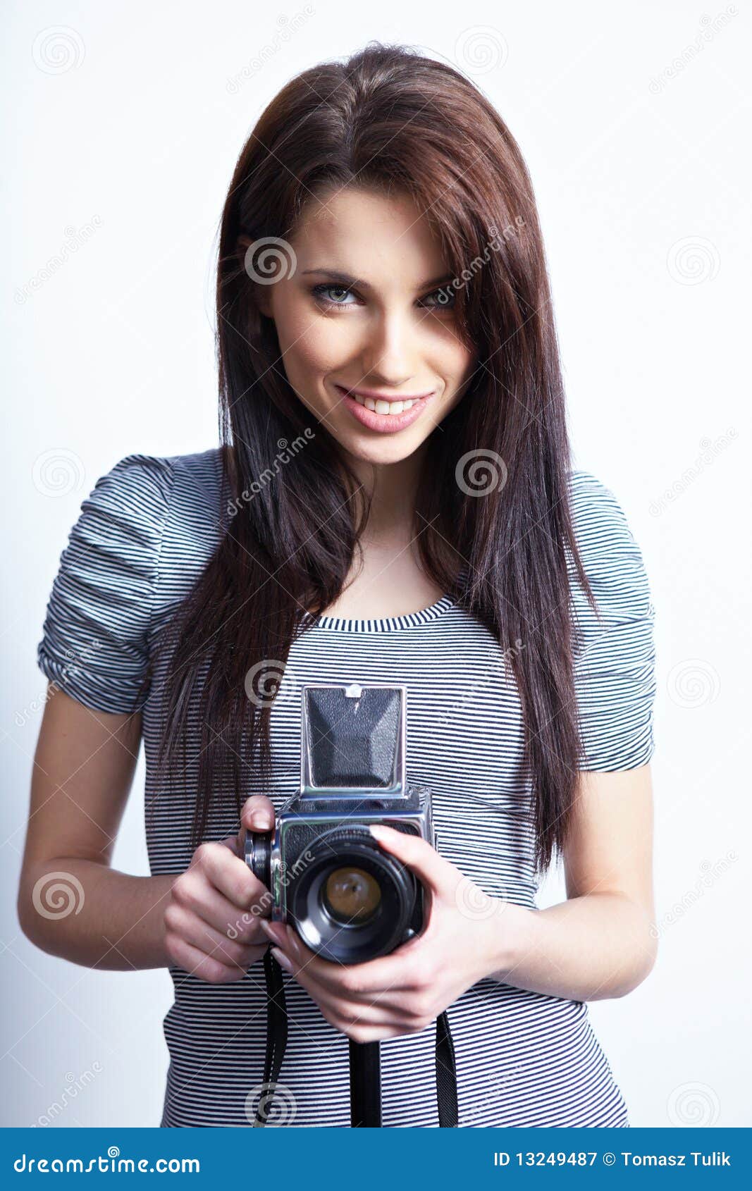 Vrouw met camera stock afbeelding. Image of mooi, geïsoleerd - 13249487