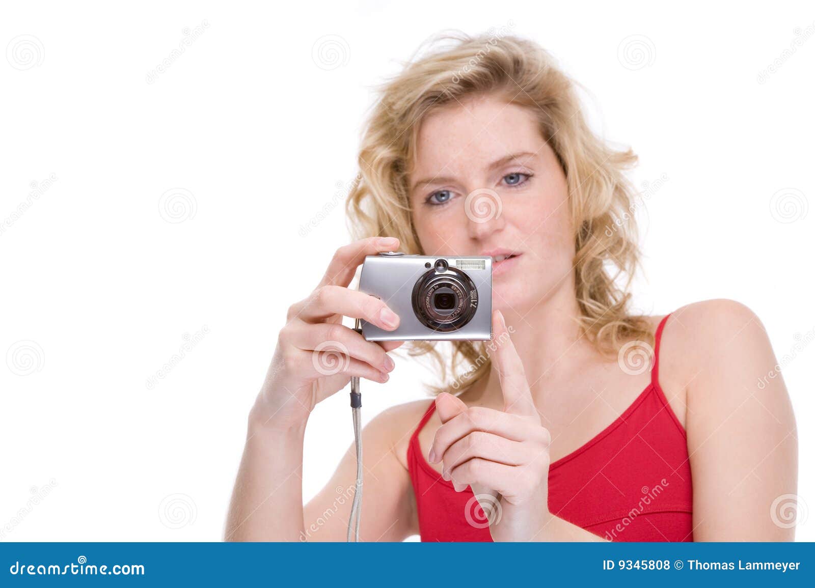 Vrouw met digitale camera stock foto. Image of rood, wijfje - 9345808