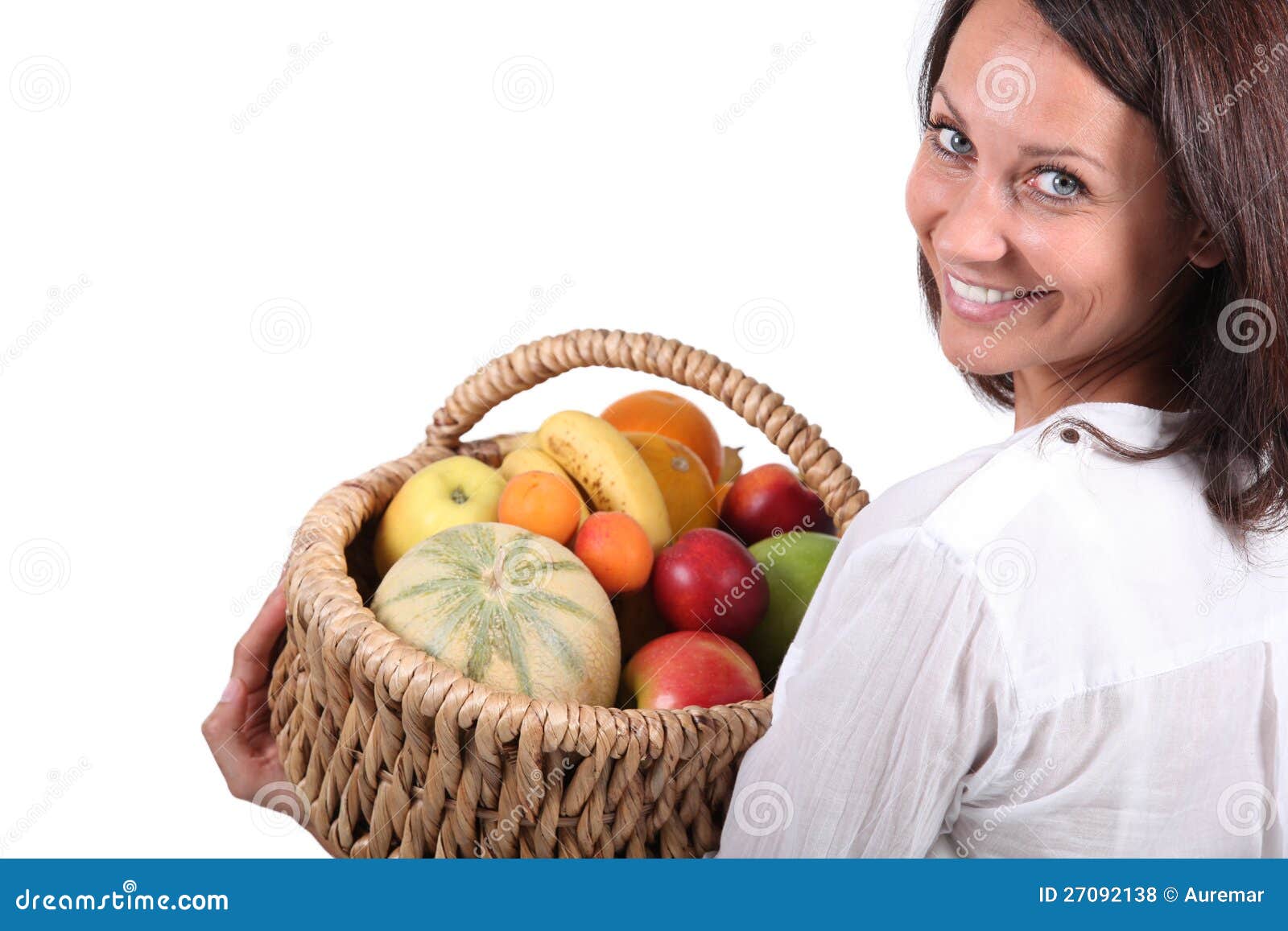 Vrouw met fruitmand stock foto. Image of appelen, nectarines - 27092138