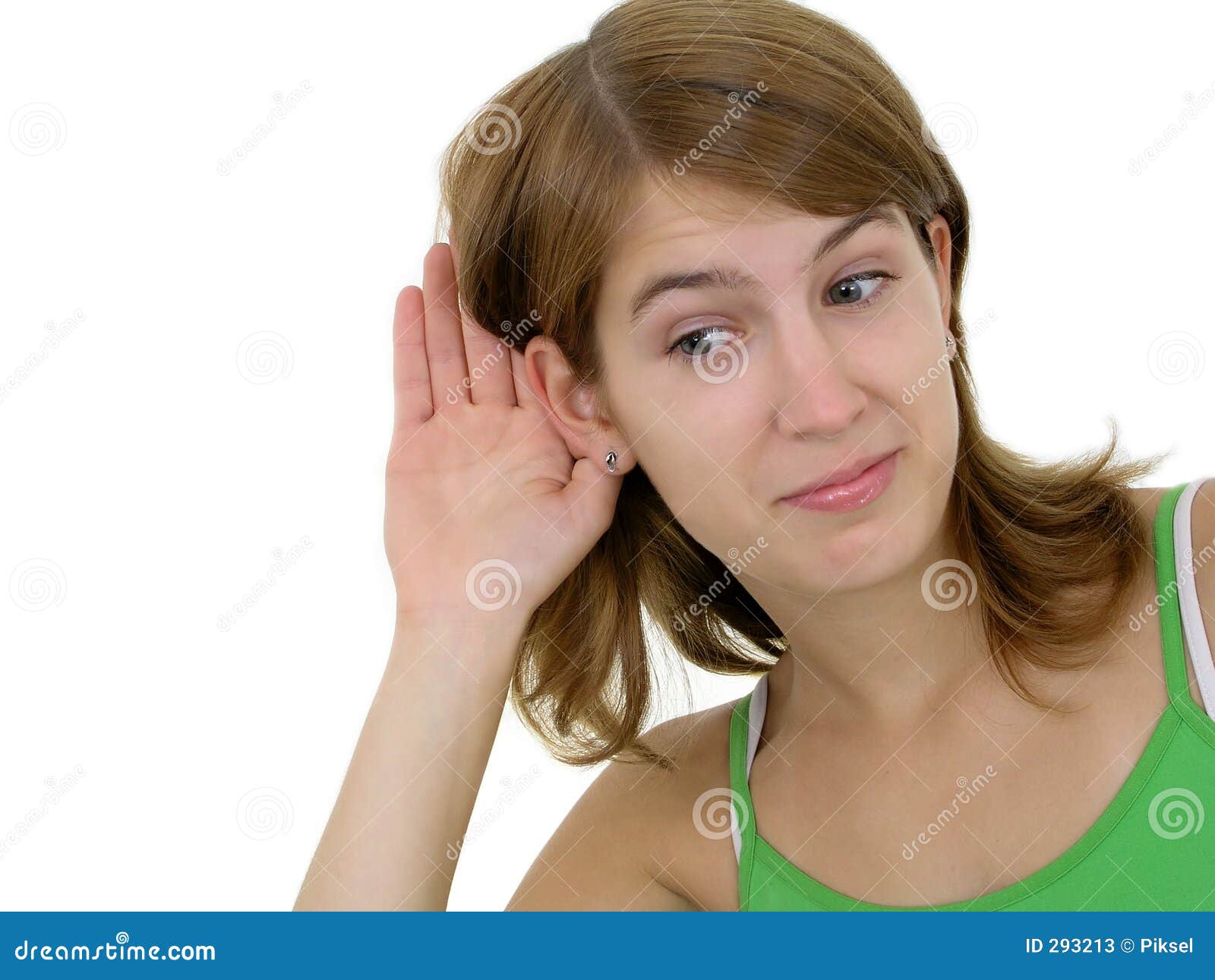 Vrouw Met Hand Aan Oor Het Luisteren Stock Afbeelding - Image of gebaar ...