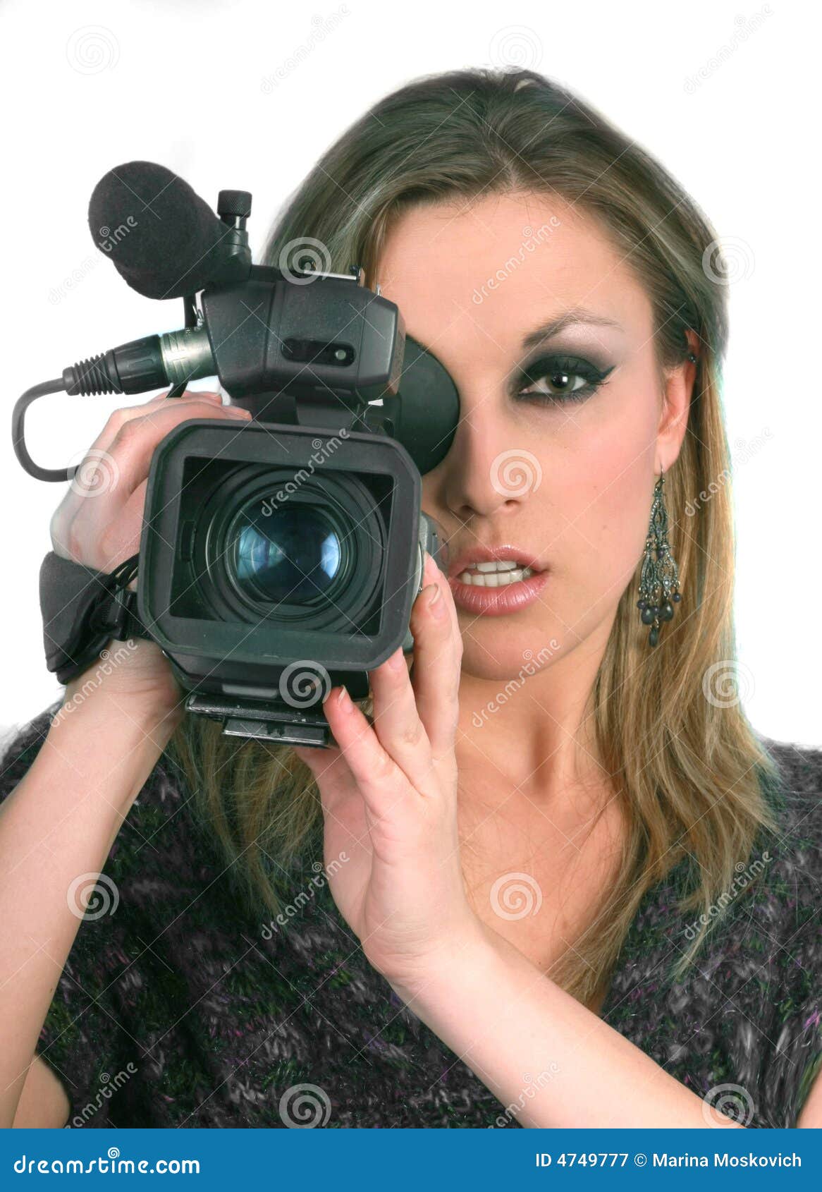 Vrouw Met Videocamera Op Het Blauwe Scherm Stock Afbeelding - Image of ...