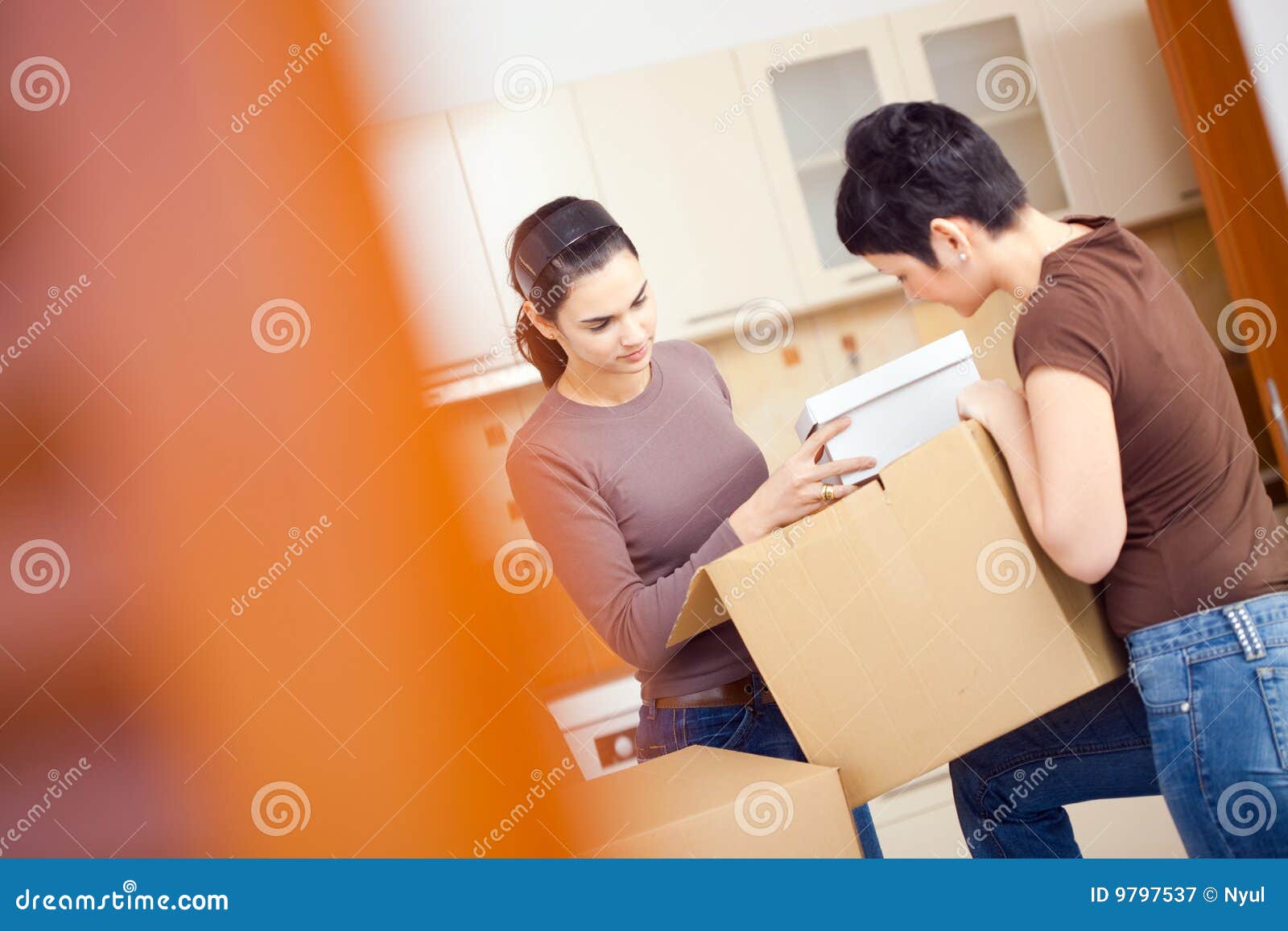 Vrouwen die dozen inpakken stock afbeelding. Image of gang - 9797537