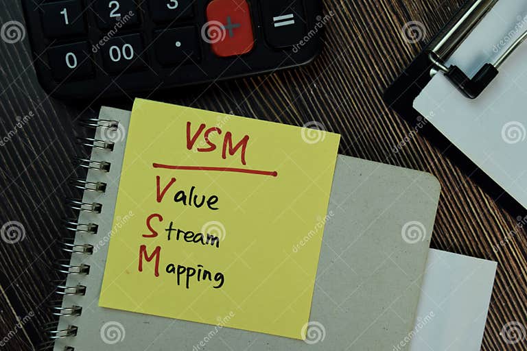VSM - Value Stream Mapping Write on Sticky Notes Isolated on Wooden ...