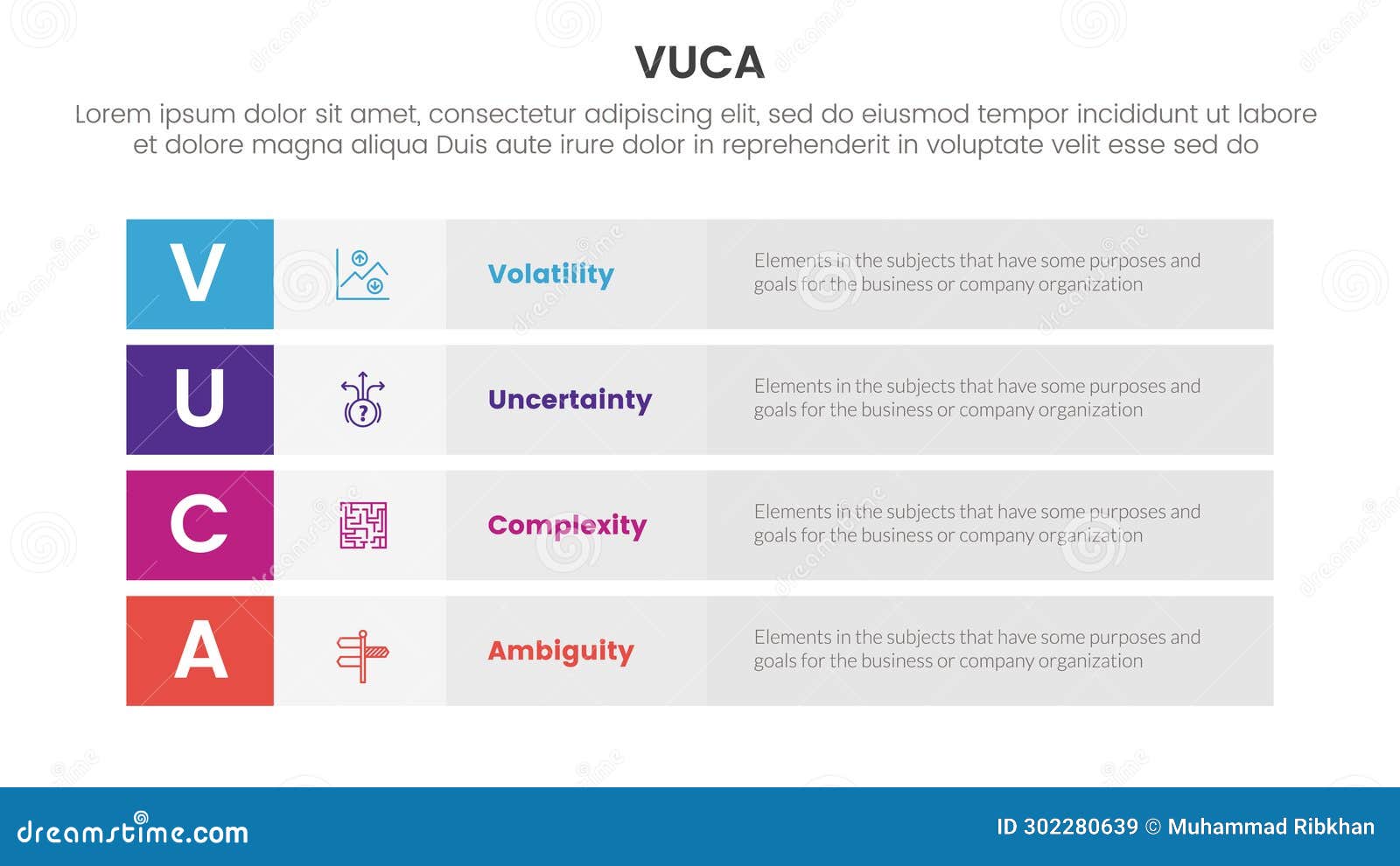 Vuca Framework Infographic 4 Point Stage Template With Long Box ...