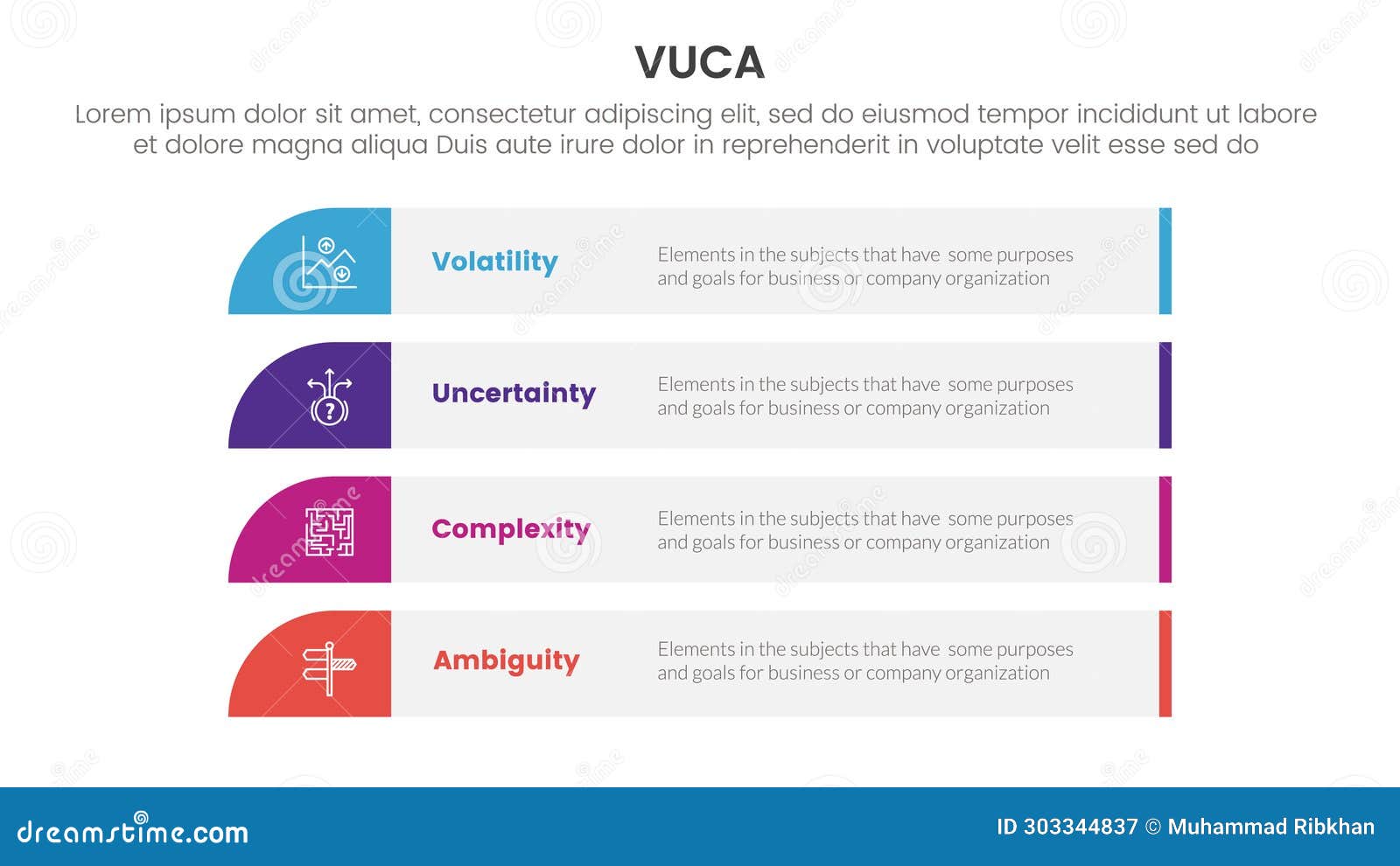 Vuca Framework Infographic 4 Point Stage Template with Long Rectangle ...