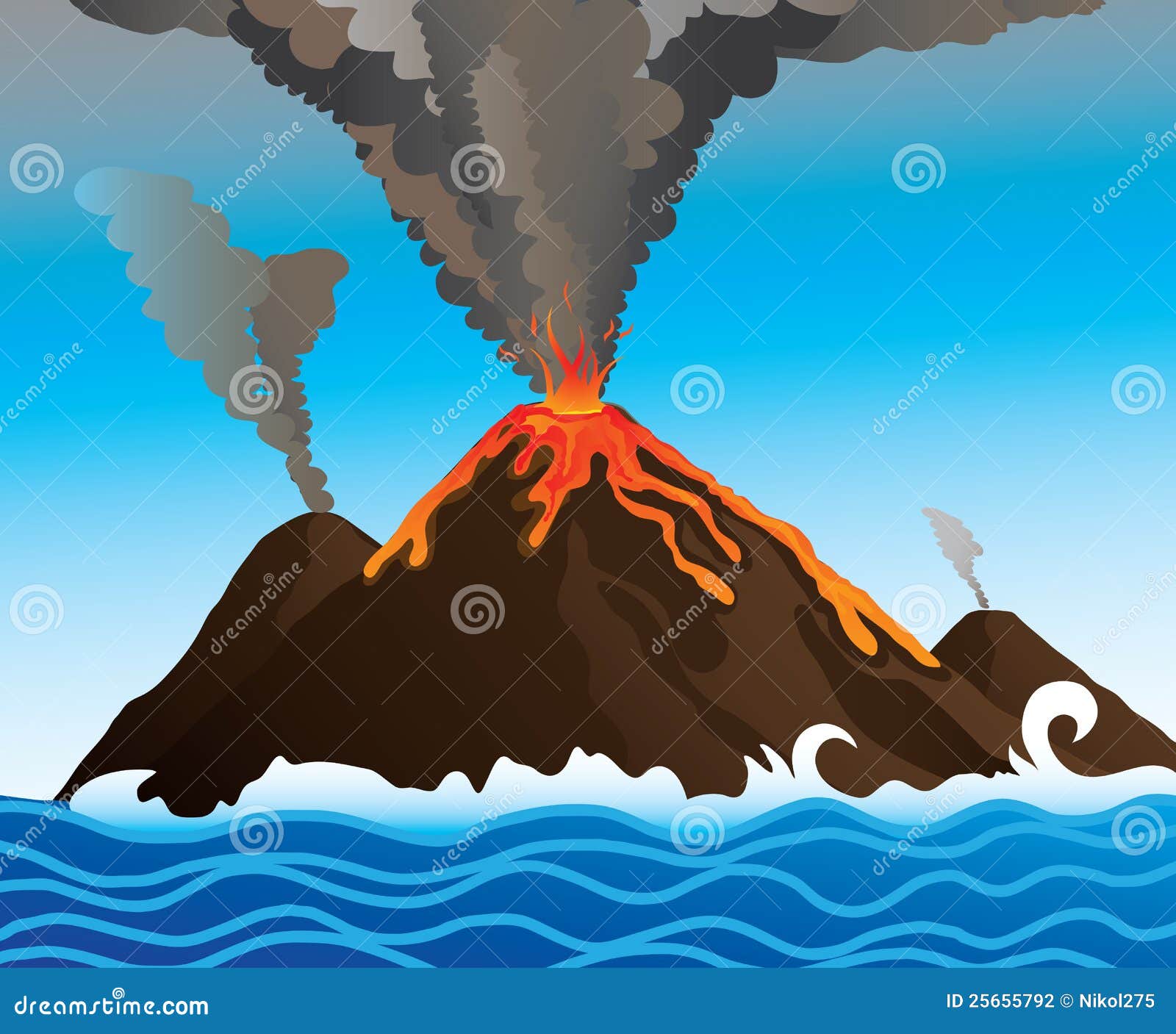 Vulkaan in de oceaan vector illustratie. Illustration of heet - 25655792